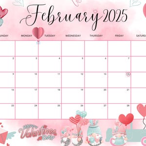 EDITABLE February 2025 Calendar, Sweet Valentine 2025 With Cute Gnomes ...