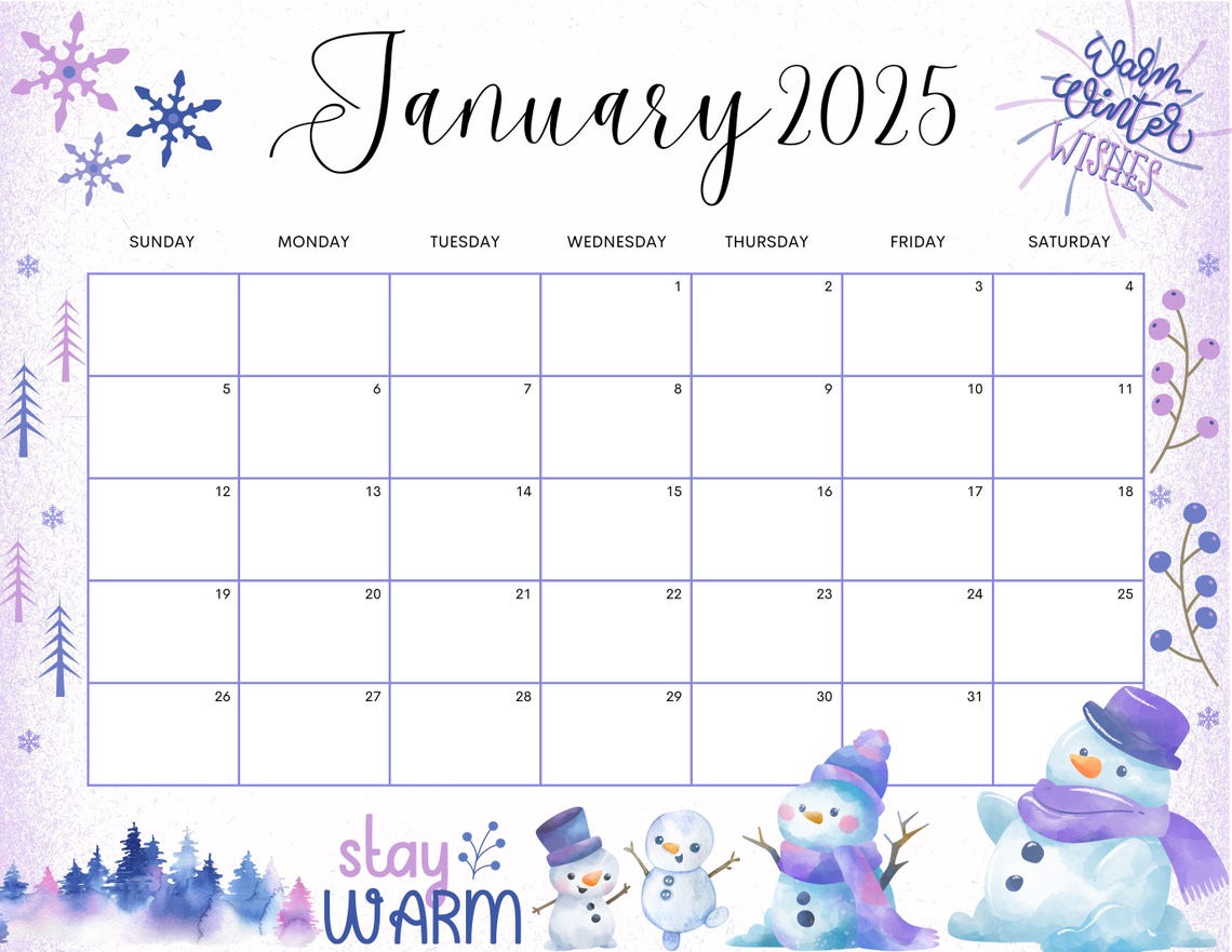 Editable January Calendar 2025, Printable Wall Calendar 2025, Cute ...