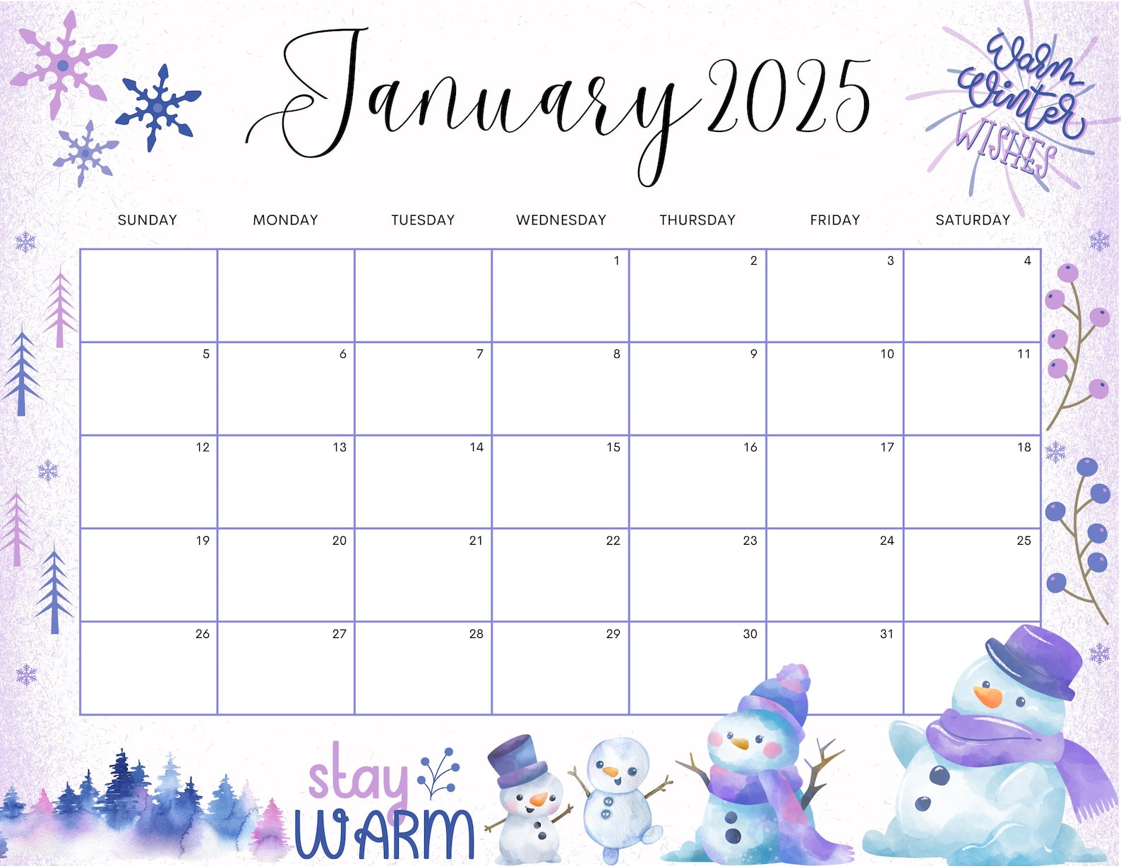 Editable January Calendar 2025, Printable Wall Calendar 2025, Cute ...