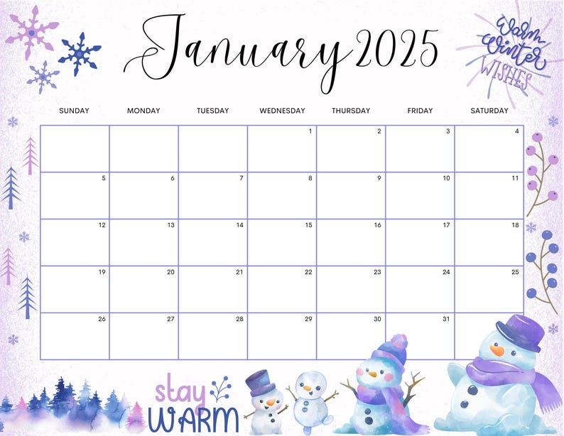 Editable January Calendar 2025, Printable Wall Calendar 2025, Cute ...