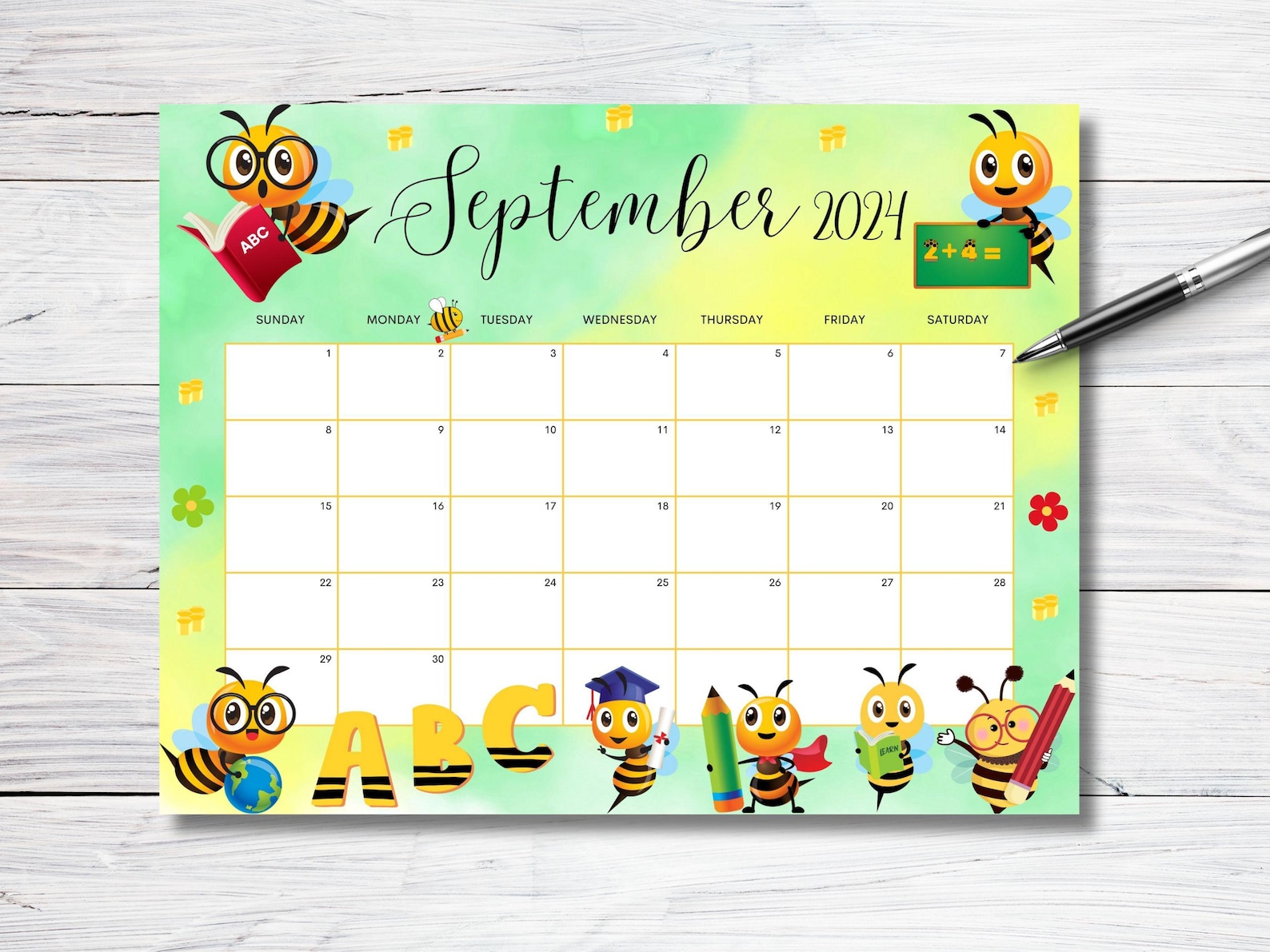 EDITABLE September 2024 Calendar, Back to School Planner With Cute Bees ...