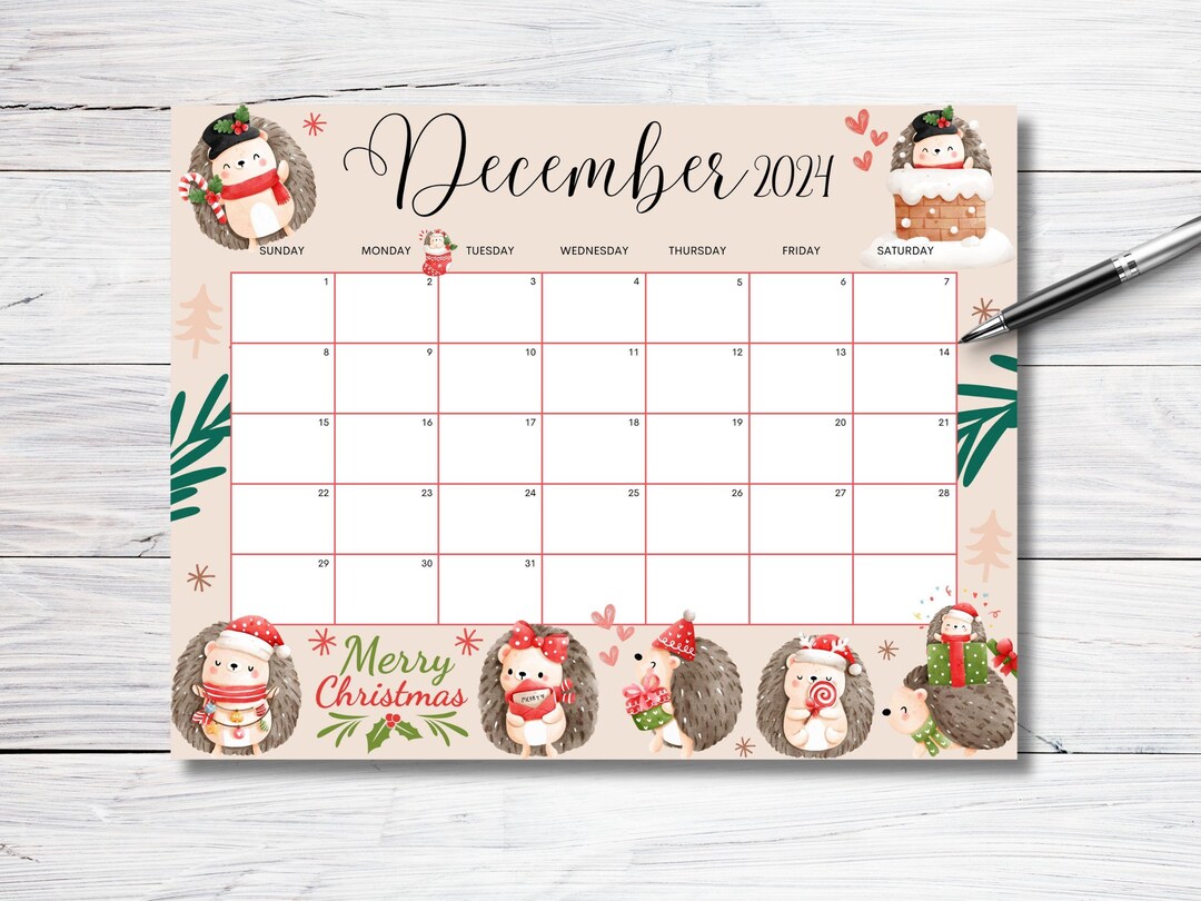 EDITABLE December 2024 Calendar, Colorful Christmas With Cute Hedgehogs ...