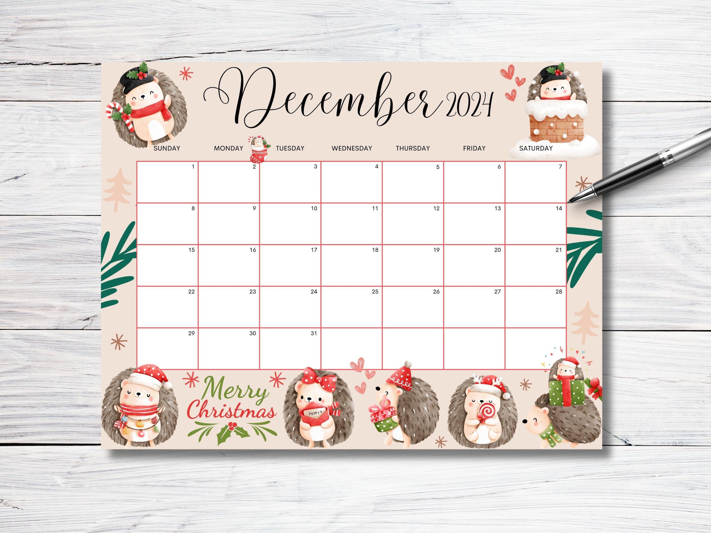 EDITABLE December 2024 Calendar, Colorful Christmas With Cute Hedgehogs ...