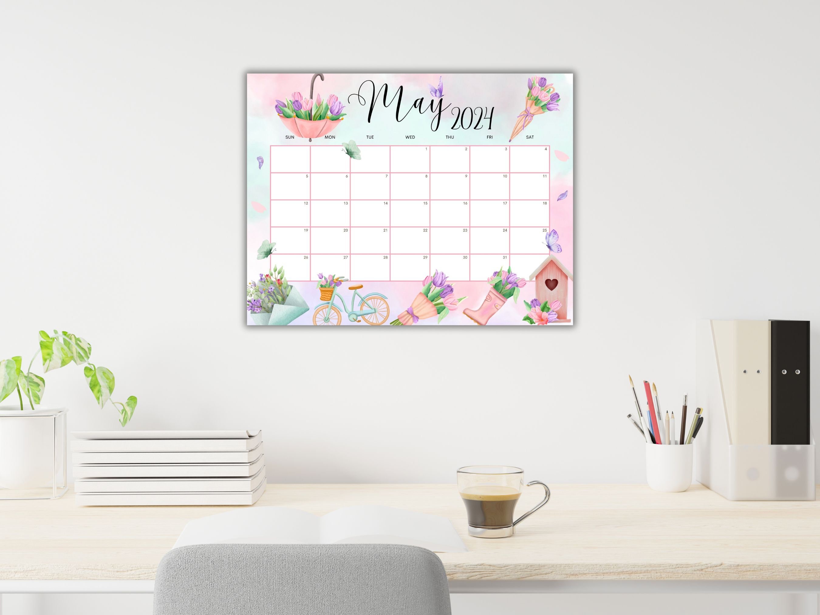EDITABLE May 2024 Calendar, Watercolor Garden Spring Vibe, Mother's Day ...