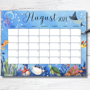 Editable August 2024 Calendar, Cute Undersea Animals, Summer Schedule ...