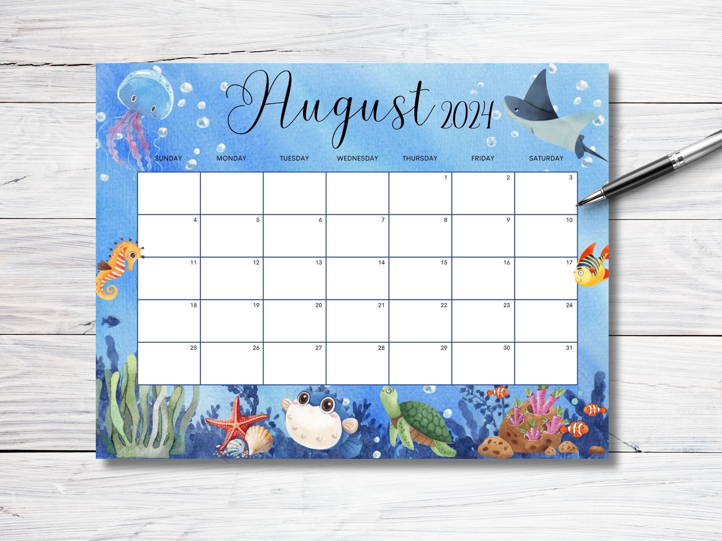 Editable July 2024 Calendar, Cute Undersea Animals, Summer Schedule ...