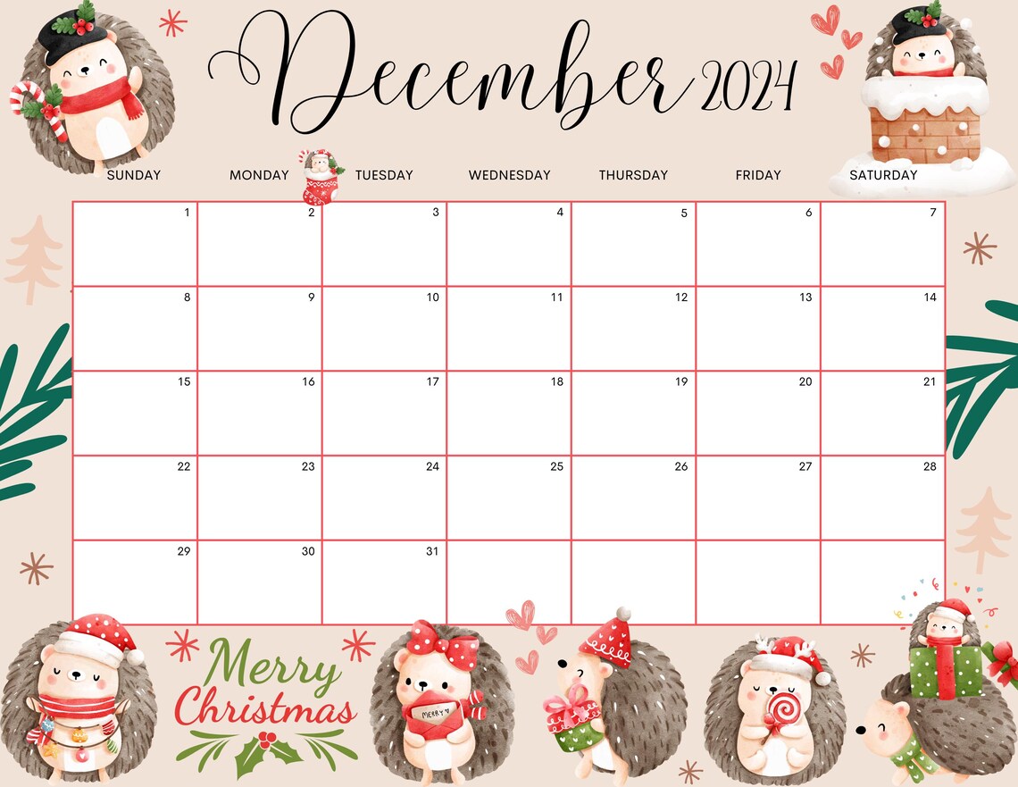 EDITABLE December 2024 Calendar, Colorful Christmas With Cute Hedgehogs ...