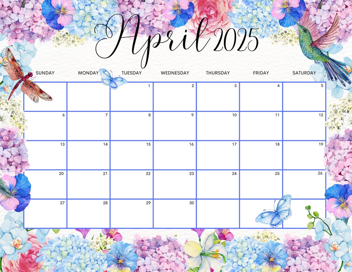 EDITABLE April 2025 Calendar, Beautiful Spring Wall Calendar, 2025 ...