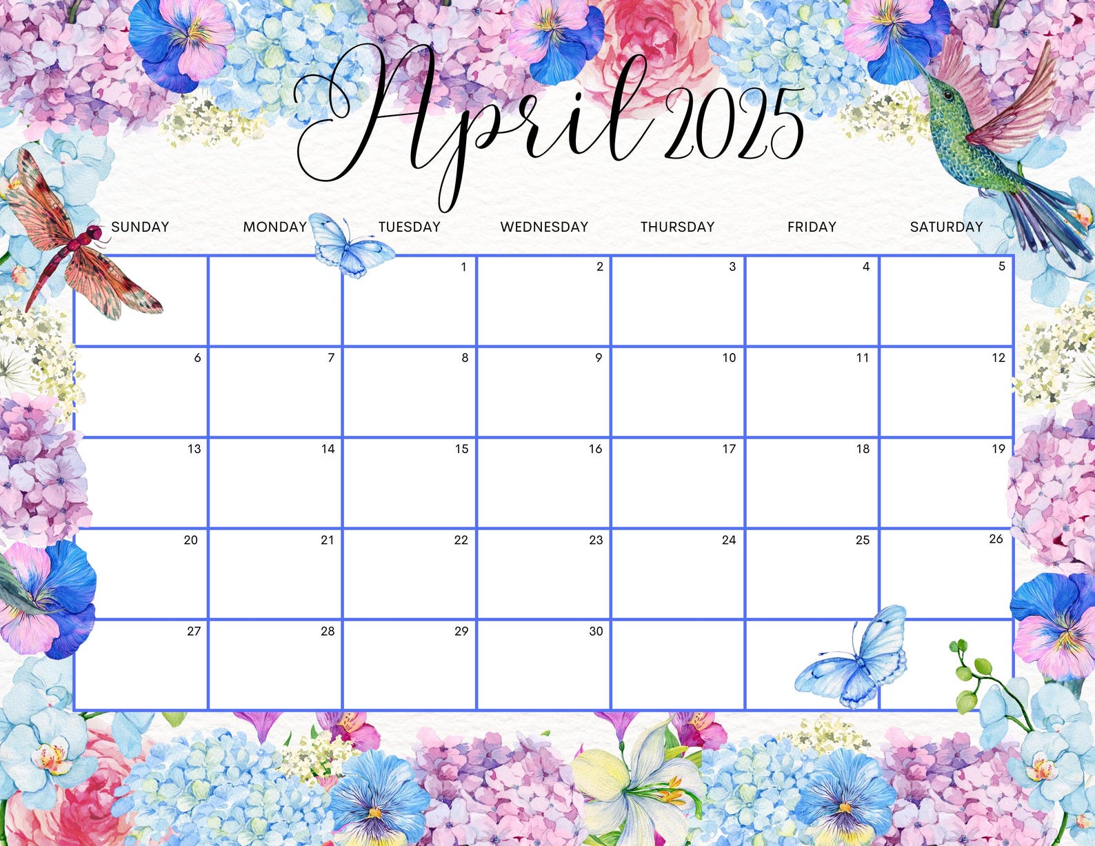 EDITABLE April 2025 Calendar, Beautiful Spring Wall Calendar, 2025 ...