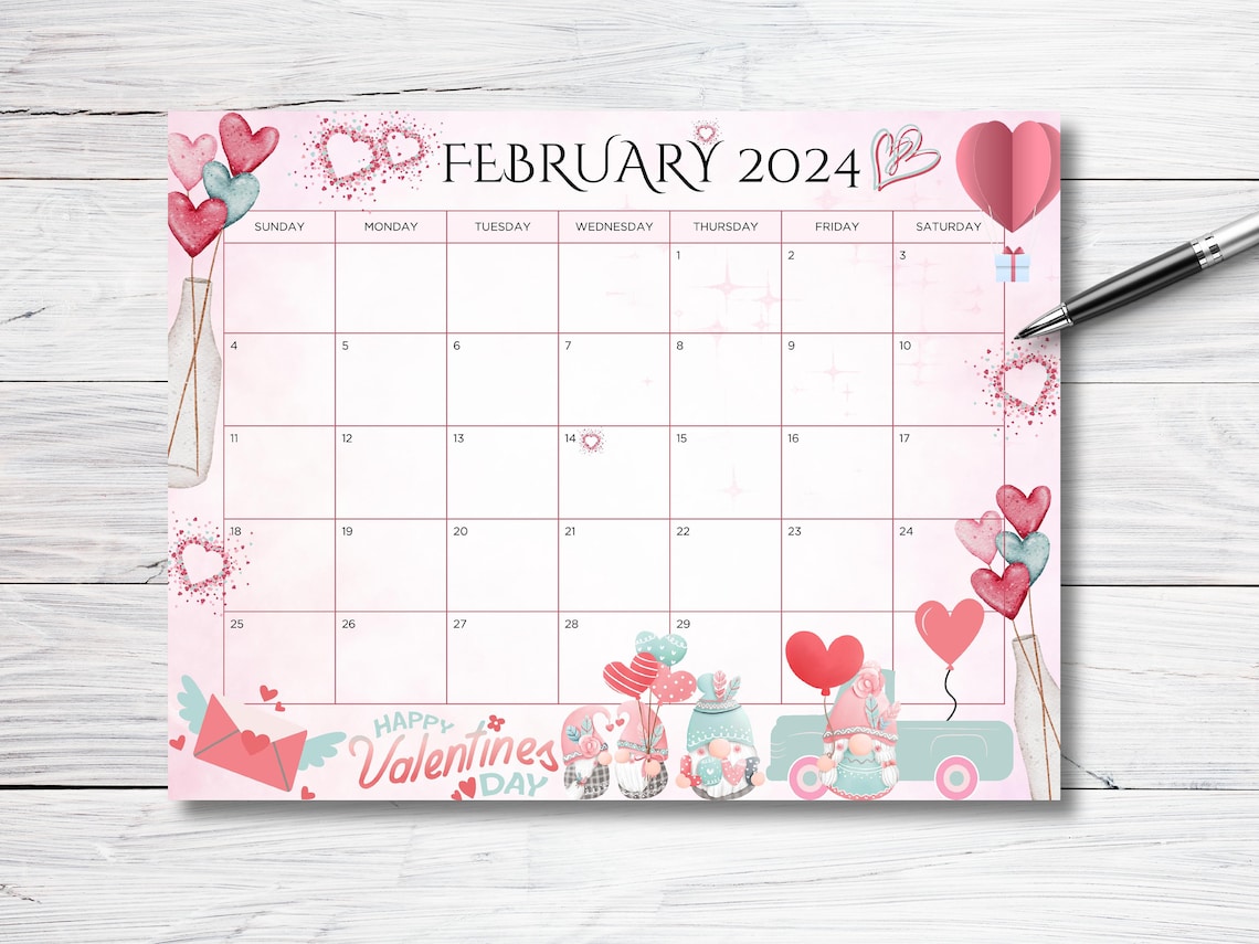 EDITABLE February 2024 Calendar, Sweet Valentine 2024 With Cute Gnomes ...