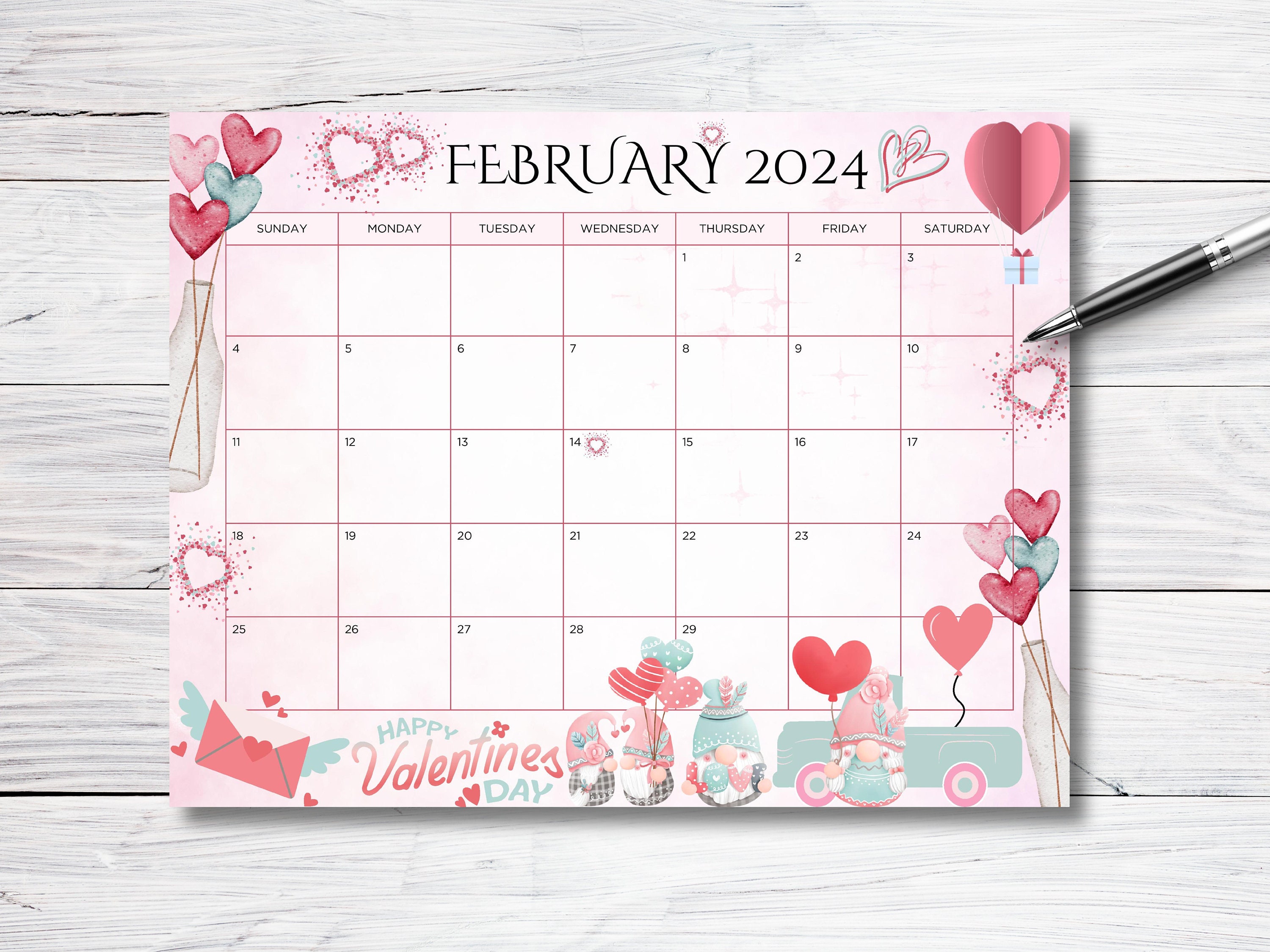 EDITABLE February 2024 Calendar, Sweet Valentine 2024 With Cute Gnomes ...