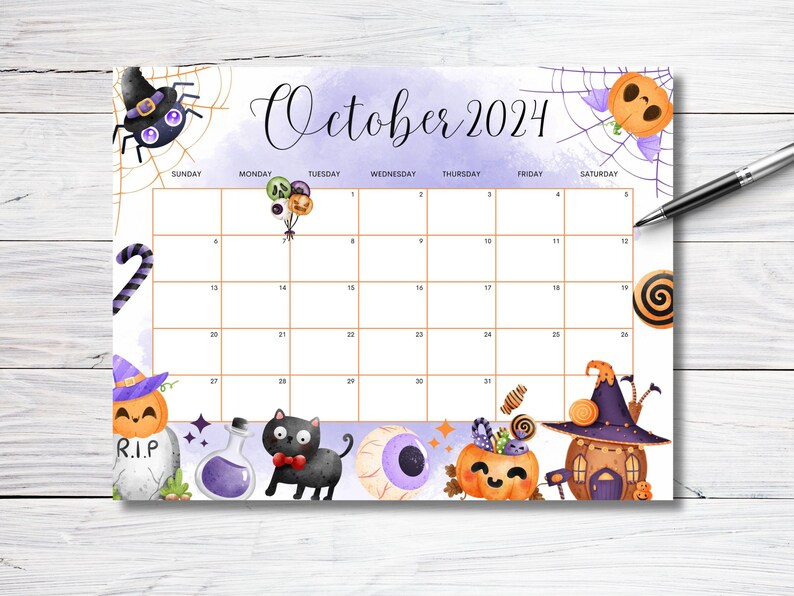 EDITABLE October 2024 Calendar, Cute Spooky Halloween 2024 Planner ...