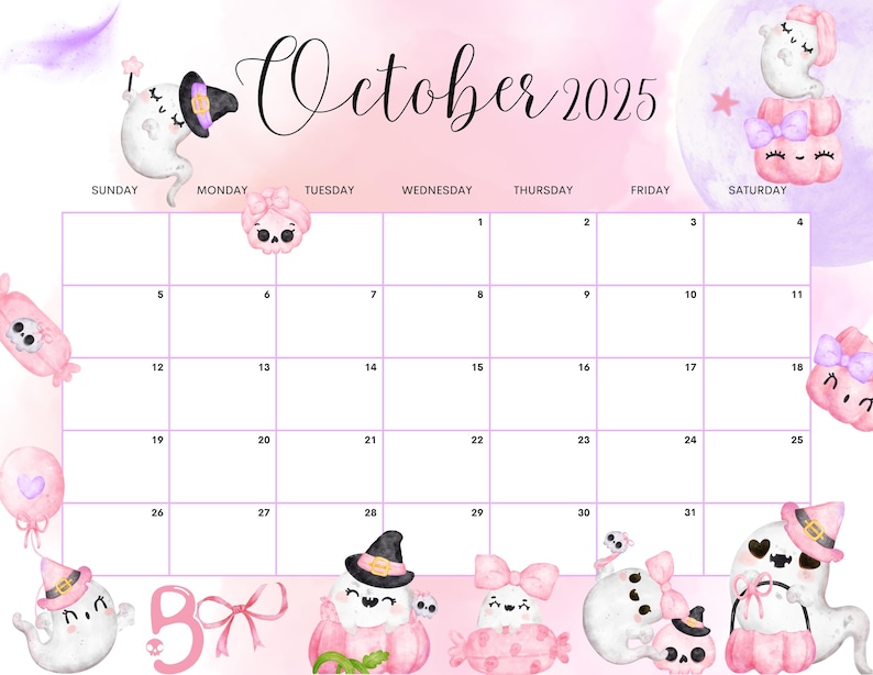 Editable October 2025 Calendar, Spooky Halloween W/ Cute Ghosts ...