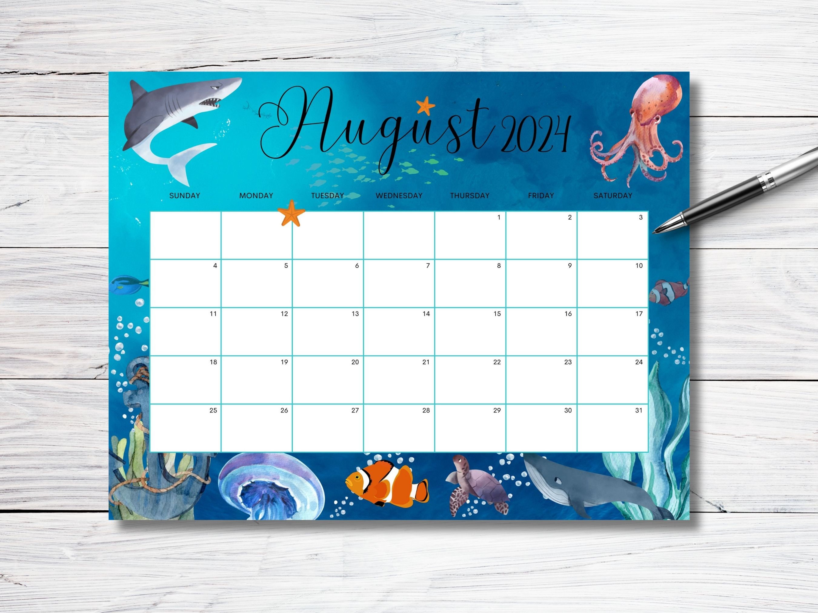 Editable August 2024 Calendar, Cute Undersea Animals, Summer Schedule ...