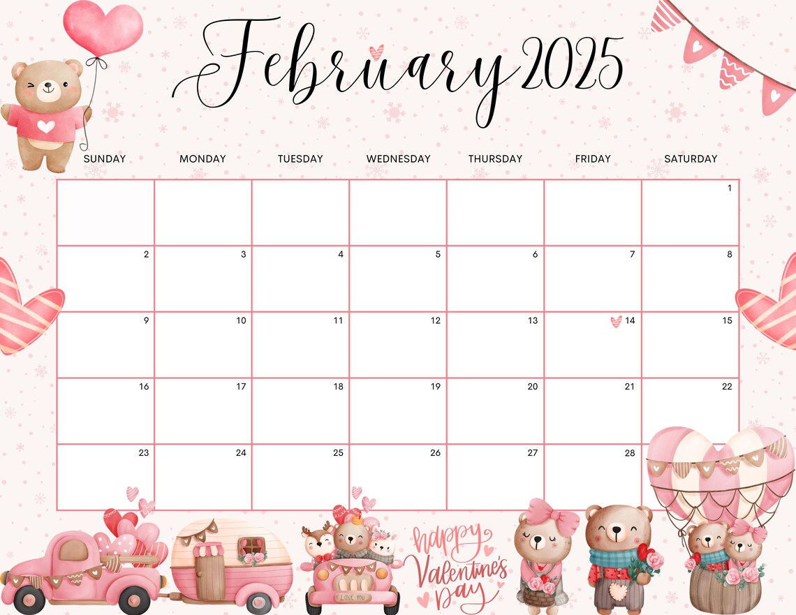 EDITABLE February 2025 Calendar, Sweet Valentine 2025 With Cute Bears ...