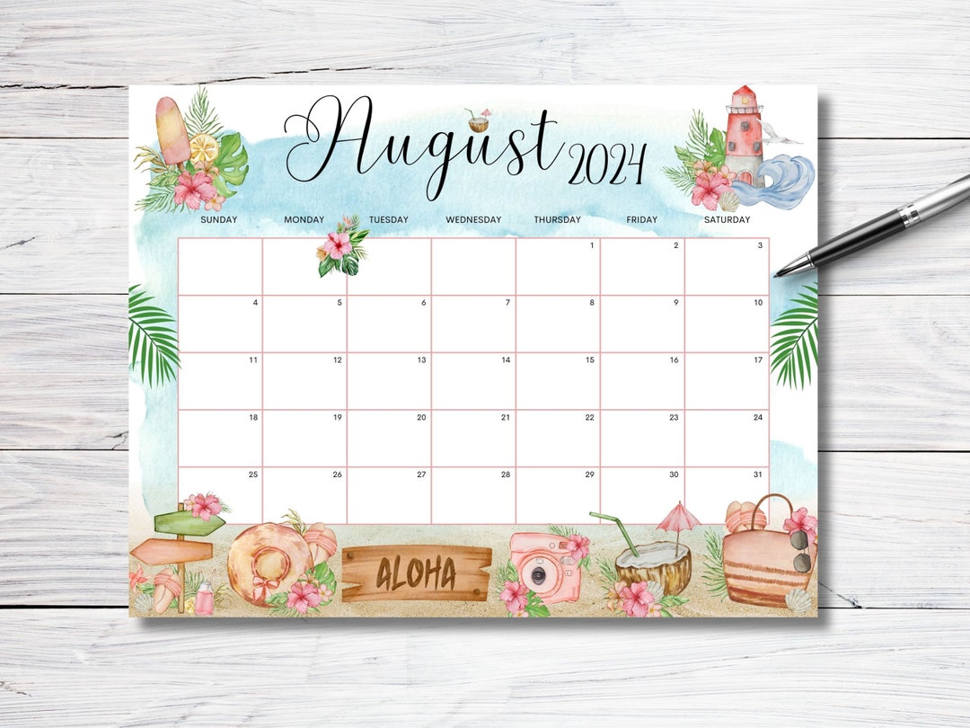 EDITABLE August 2024 Calendar Printable, Summer Calendar 2024, Aloha ...