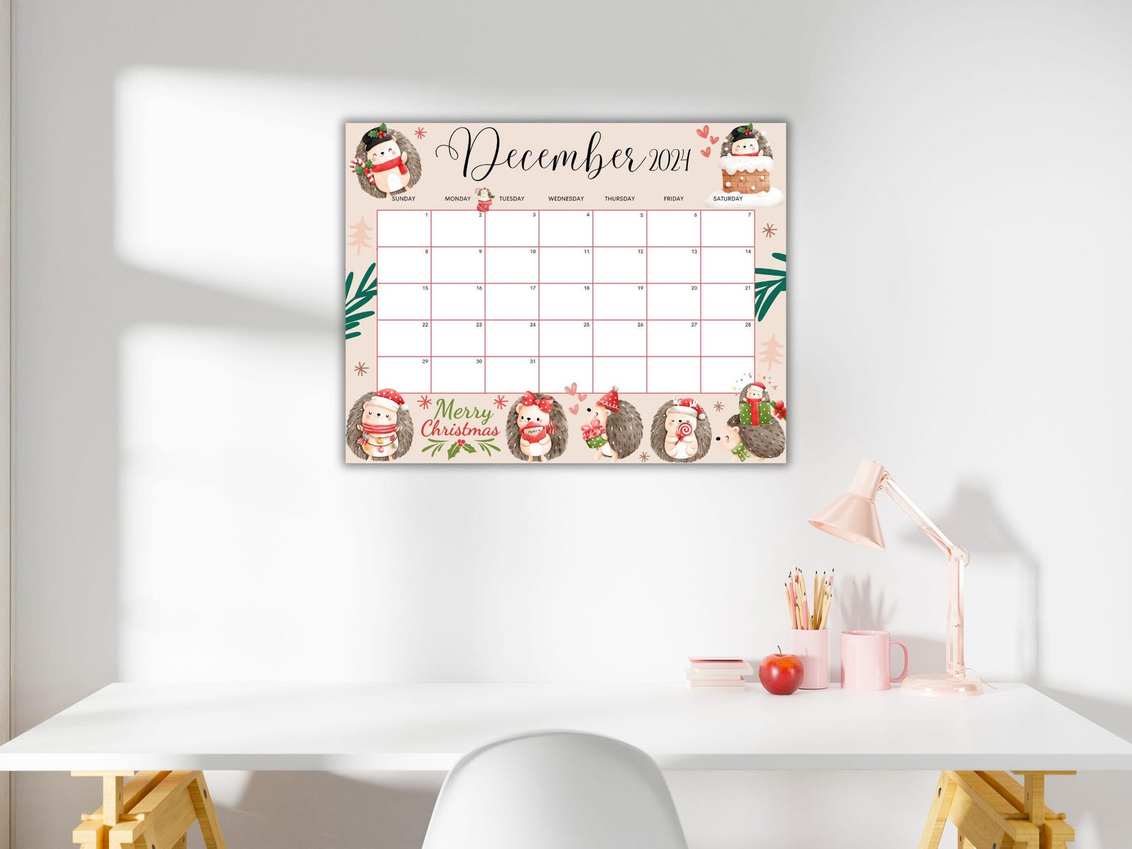 EDITABLE December 2024 Calendar, Colorful Christmas With Cute Hedgehogs ...