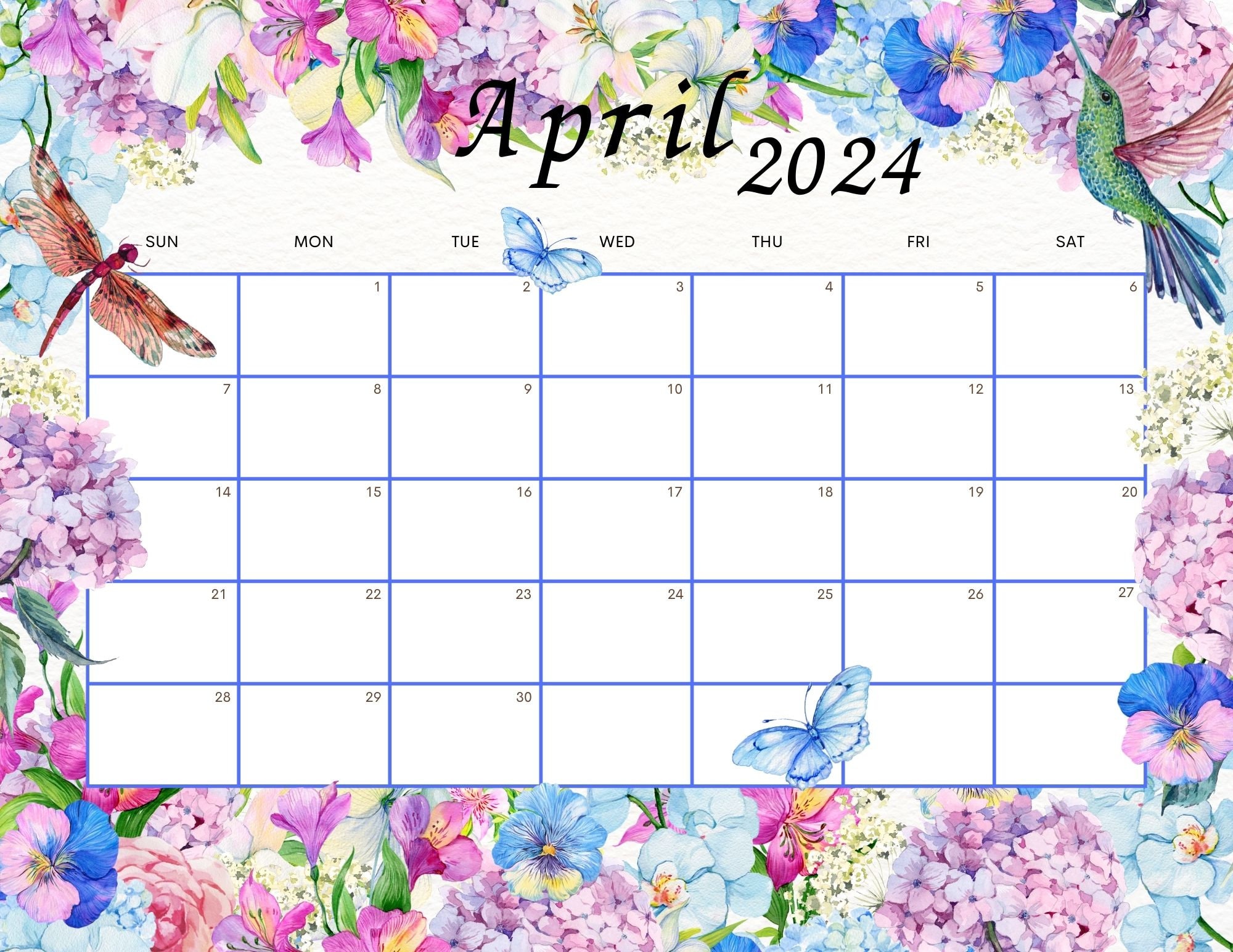 EDITABLE April 2024 Calendar, Beautiful Spring Wall Calendar, 2024 ...