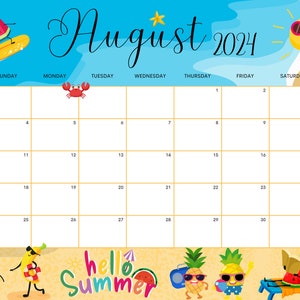 EDITABLE August 2024 Calendar, Relaxing Summer at the Beach With Summer ...