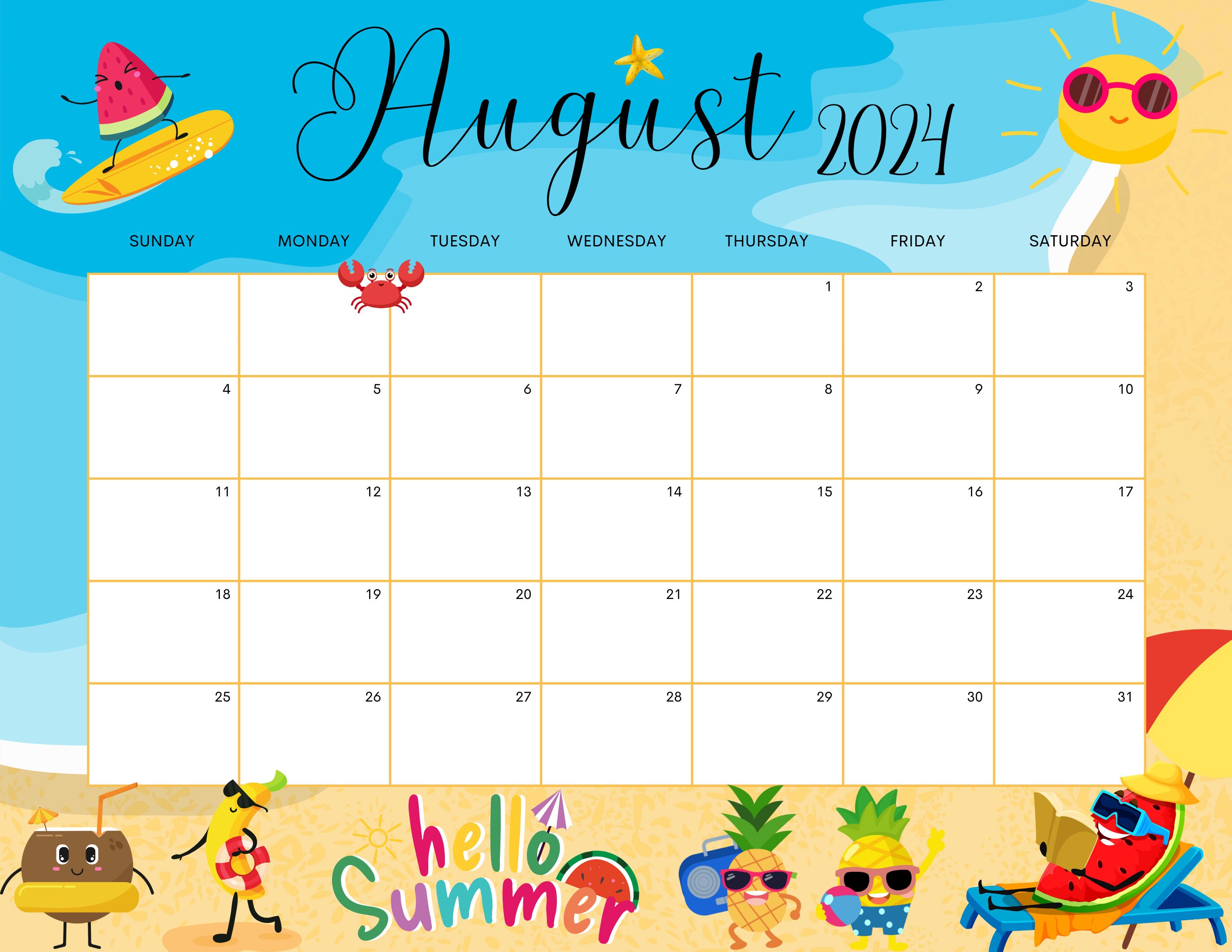 EDITABLE August 2024 Calendar, Relaxing Summer at the Beach With Summer ...