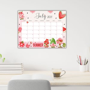 EDITABLE July 2024 Calendar, Cute Gnomes W/sweet & Colorful Watermelon ...