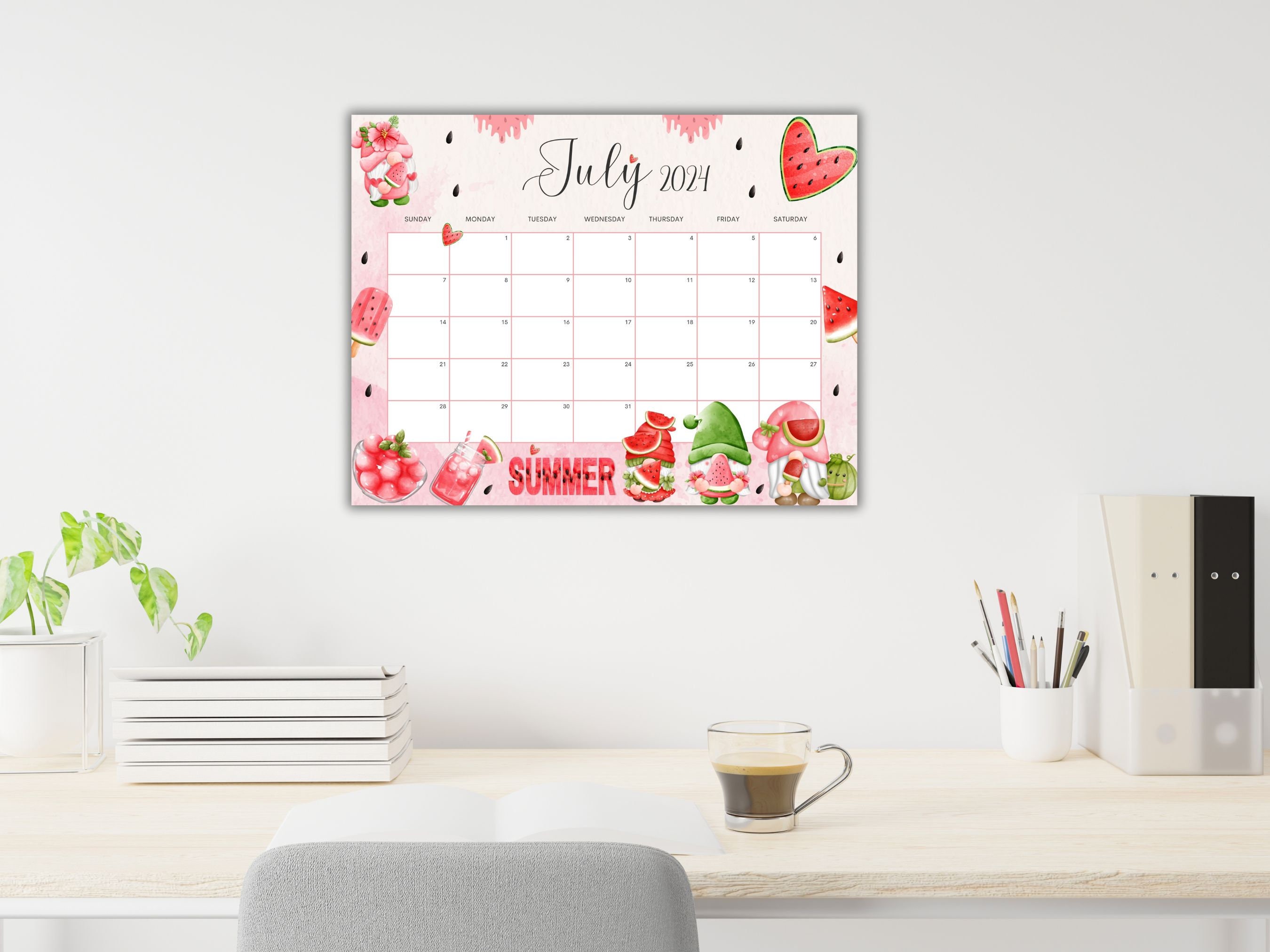 EDITABLE July 2024 Calendar, Cute Gnomes W/sweet & Colorful Watermelon ...