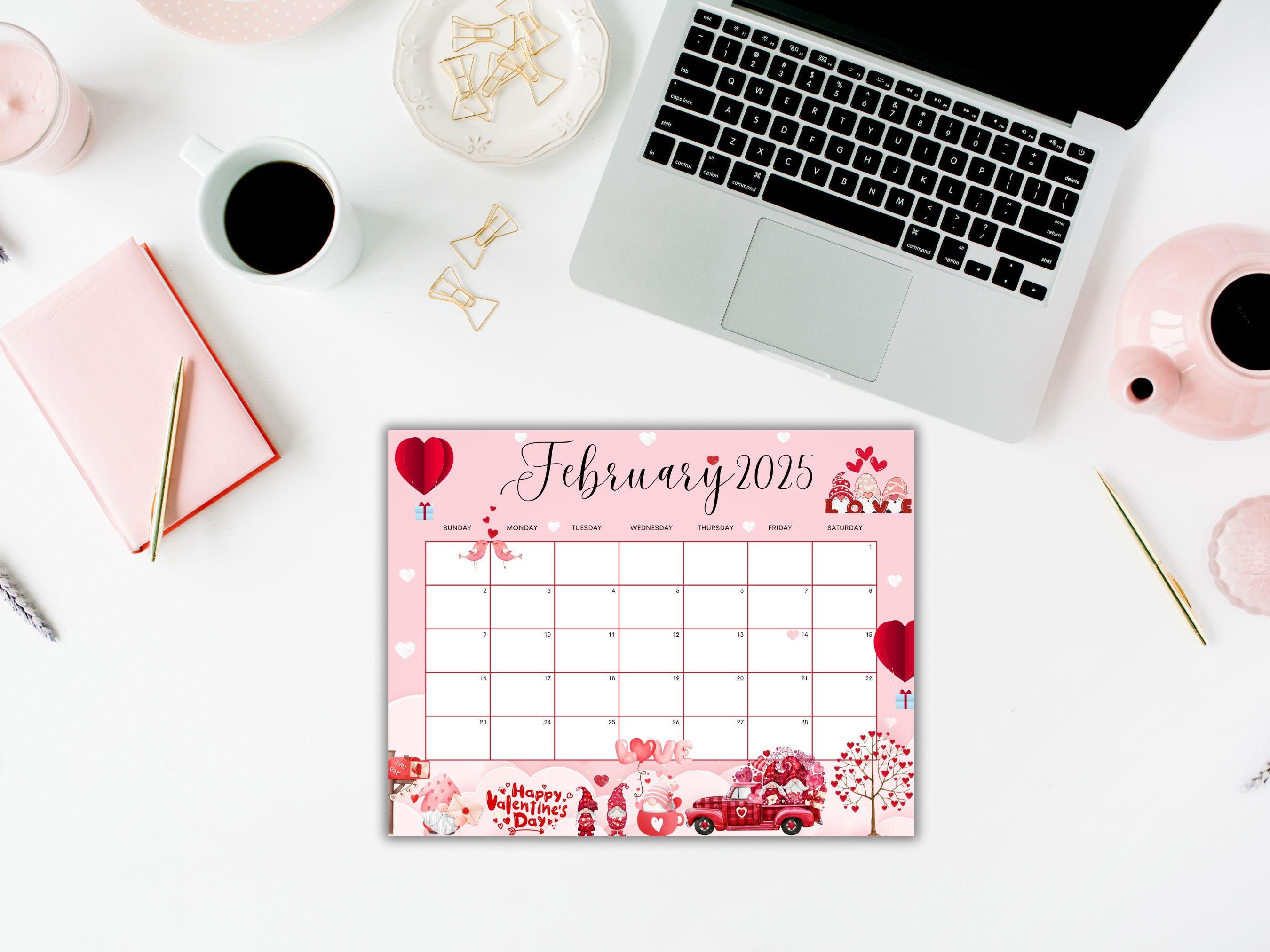 EDITABLE February 2025 Calendar, Sweet Valentine 2025 With Cute Gnomes ...