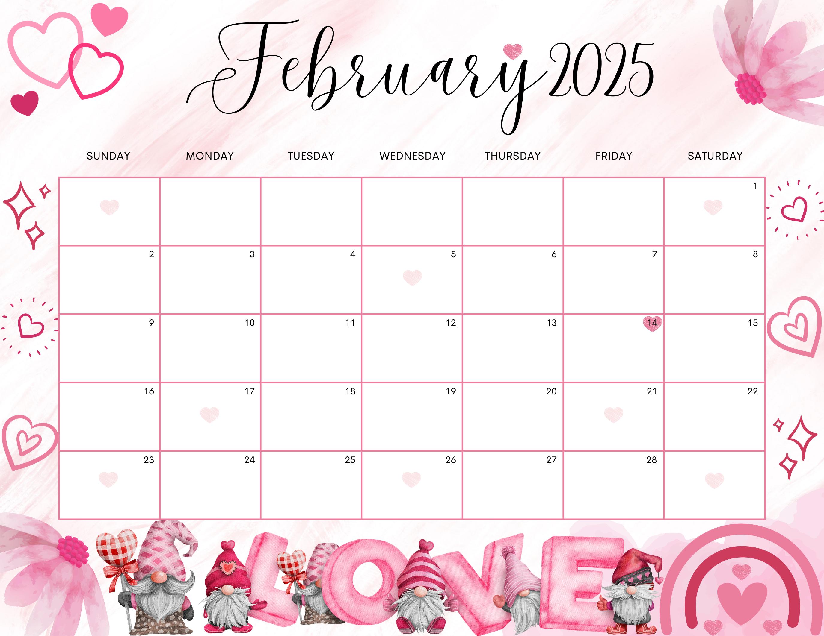 EDITABLE February 2025 Calendar, Sweet Valentine 2025 With Cute Gnomes ...