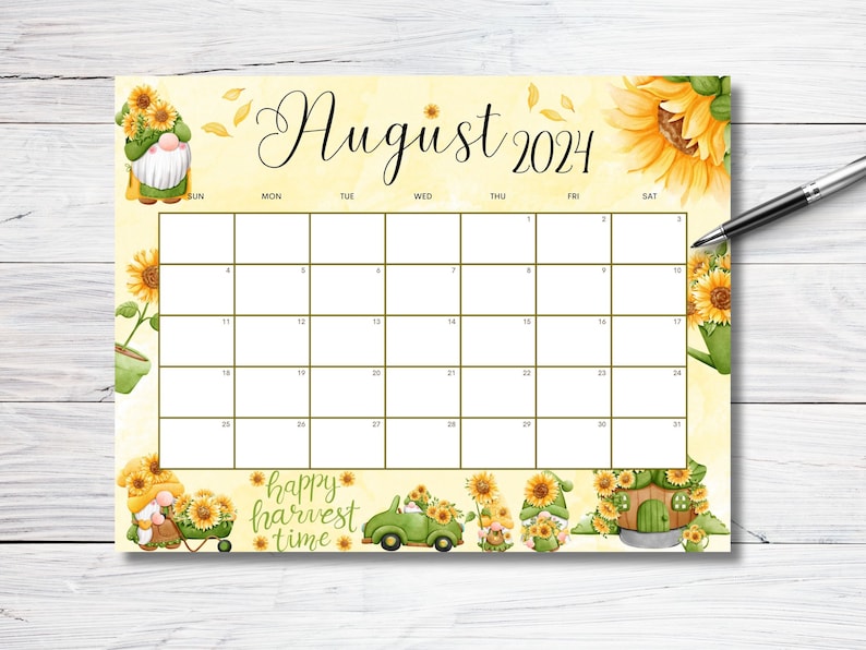 EDITABLE August 2024 Calendar, Sunflower Gnome Garden Planner, Monthly ...