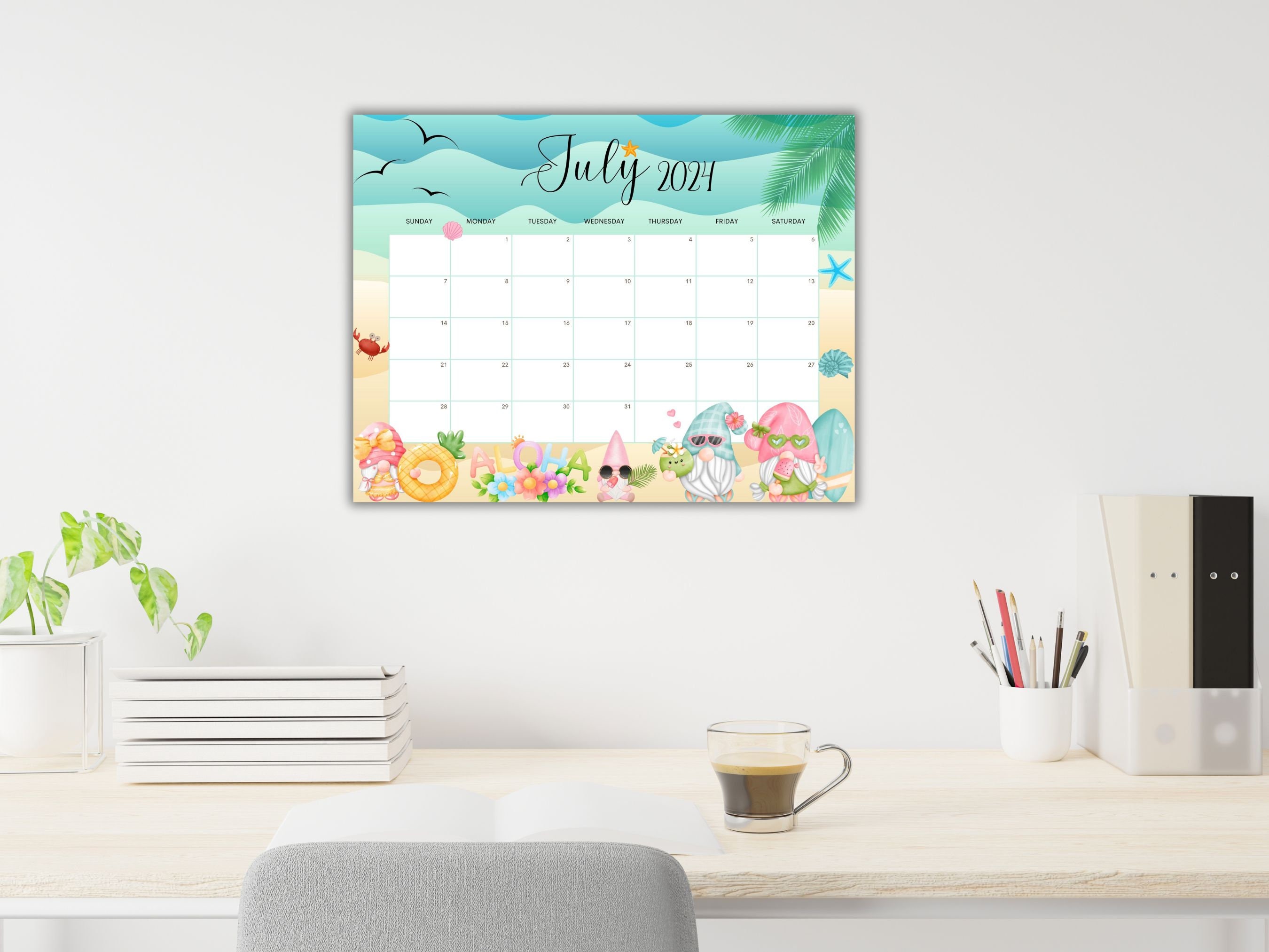 EDITABLE JULY 2024 Calendar, Relaxing Summer at the Beach With Cute ...