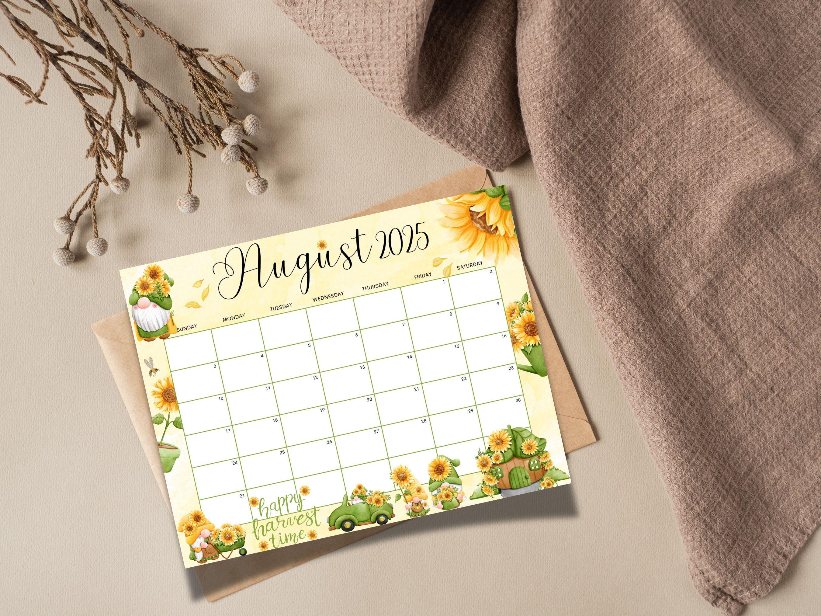 August 2025 Calendar: Sunflower Gnome Garden Planner (printable ...