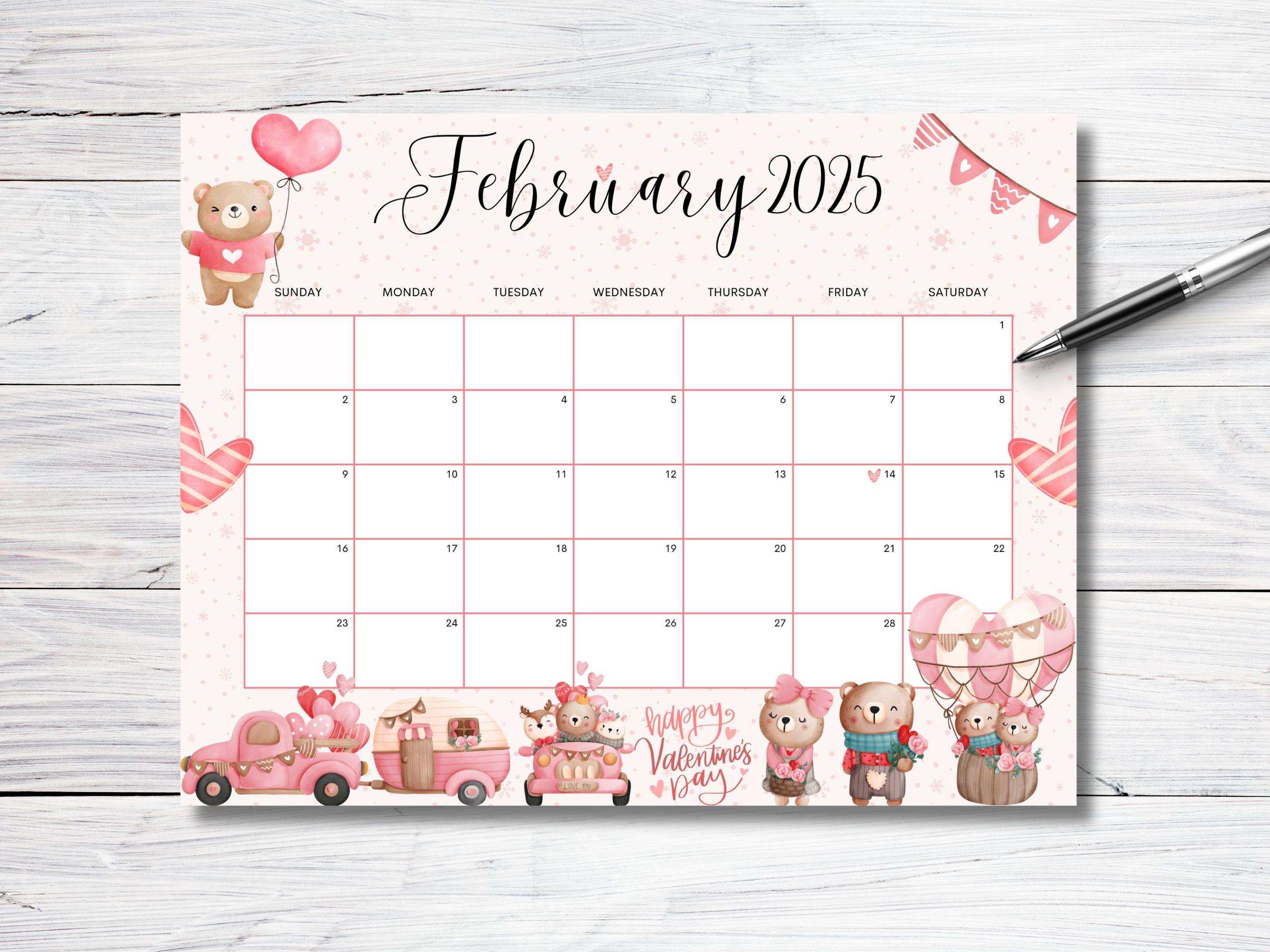 EDITABLE February 2025 Calendar, Sweet Valentine 2025 With Cute Bears ...