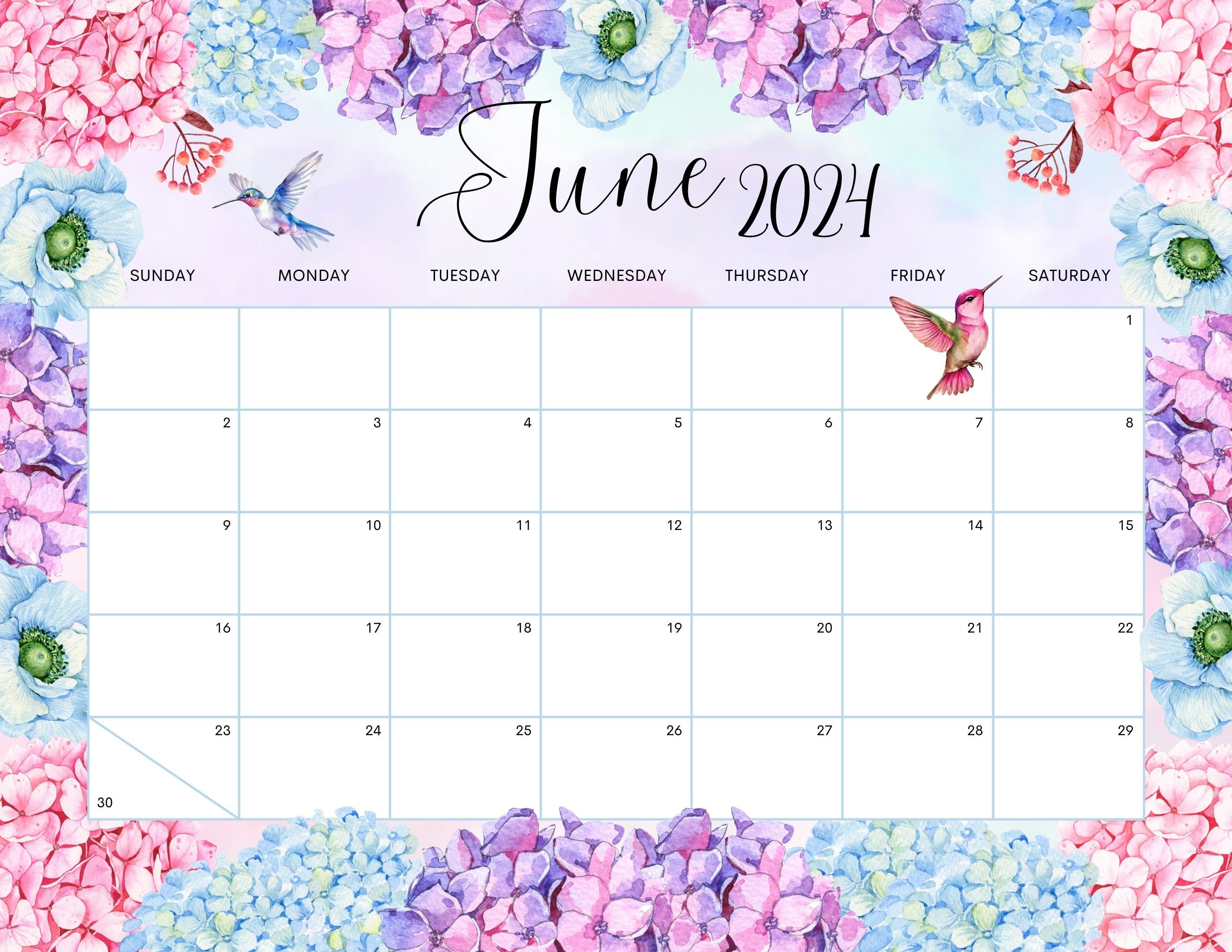 EDITABLE June 2024 Calendar, Beautiful Spring Wall Calendar, 2024 ...