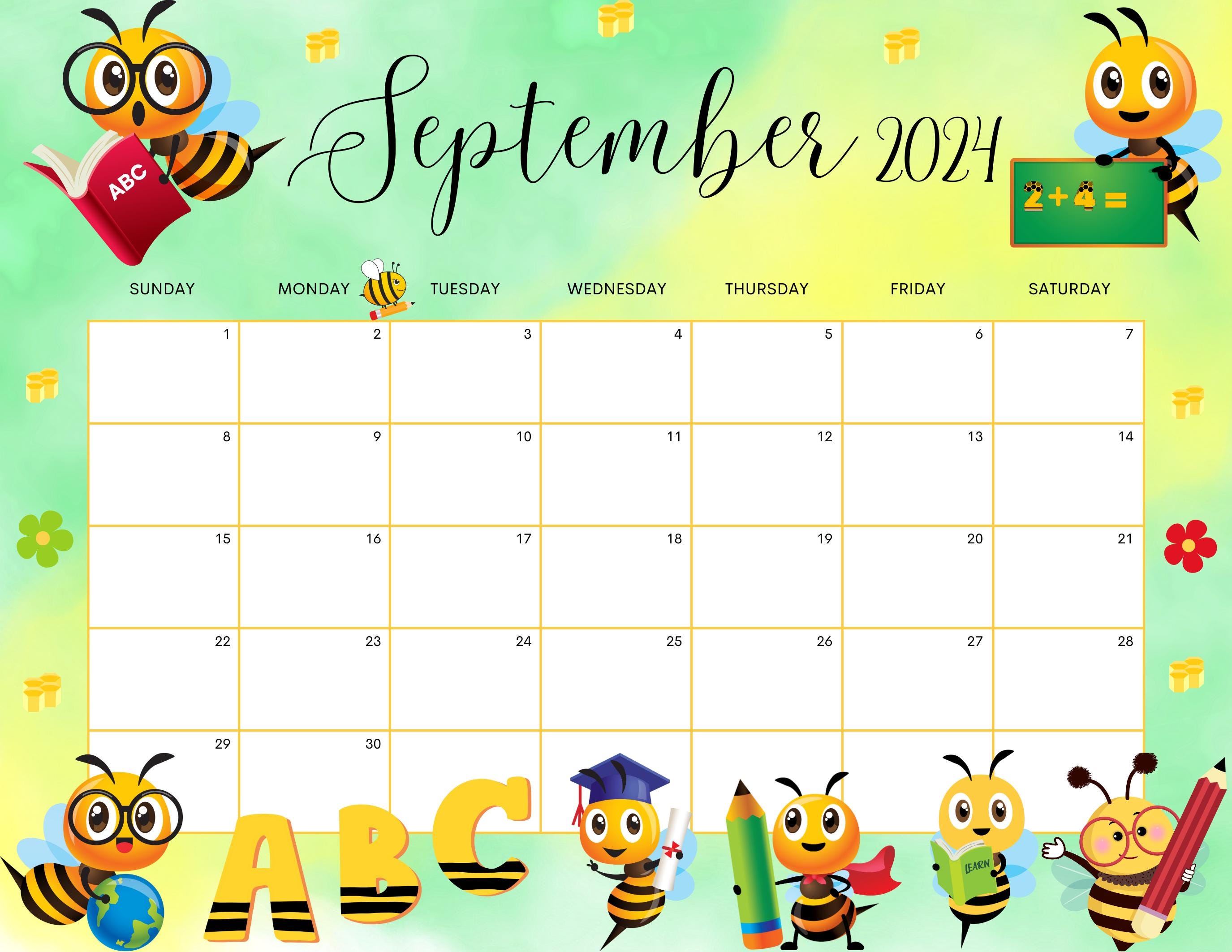 EDITABLE September 2024 Calendar, Back to School Planner With Cute Bees ...