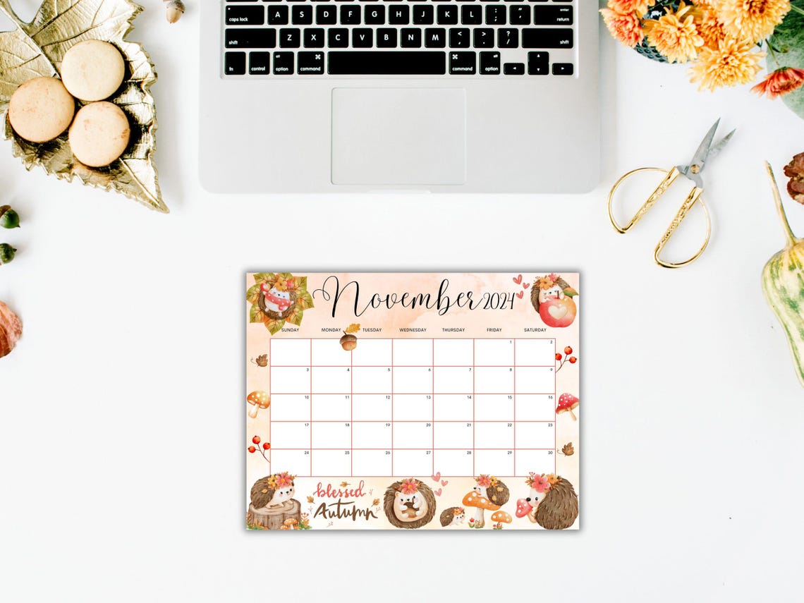 EDITABLE November 2024 Calendar, Beautiful Autumn With Cute Hedgehog ...