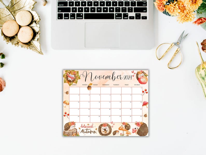 EDITABLE November 2024 Calendar, Beautiful Autumn With Cute Hedgehog ...