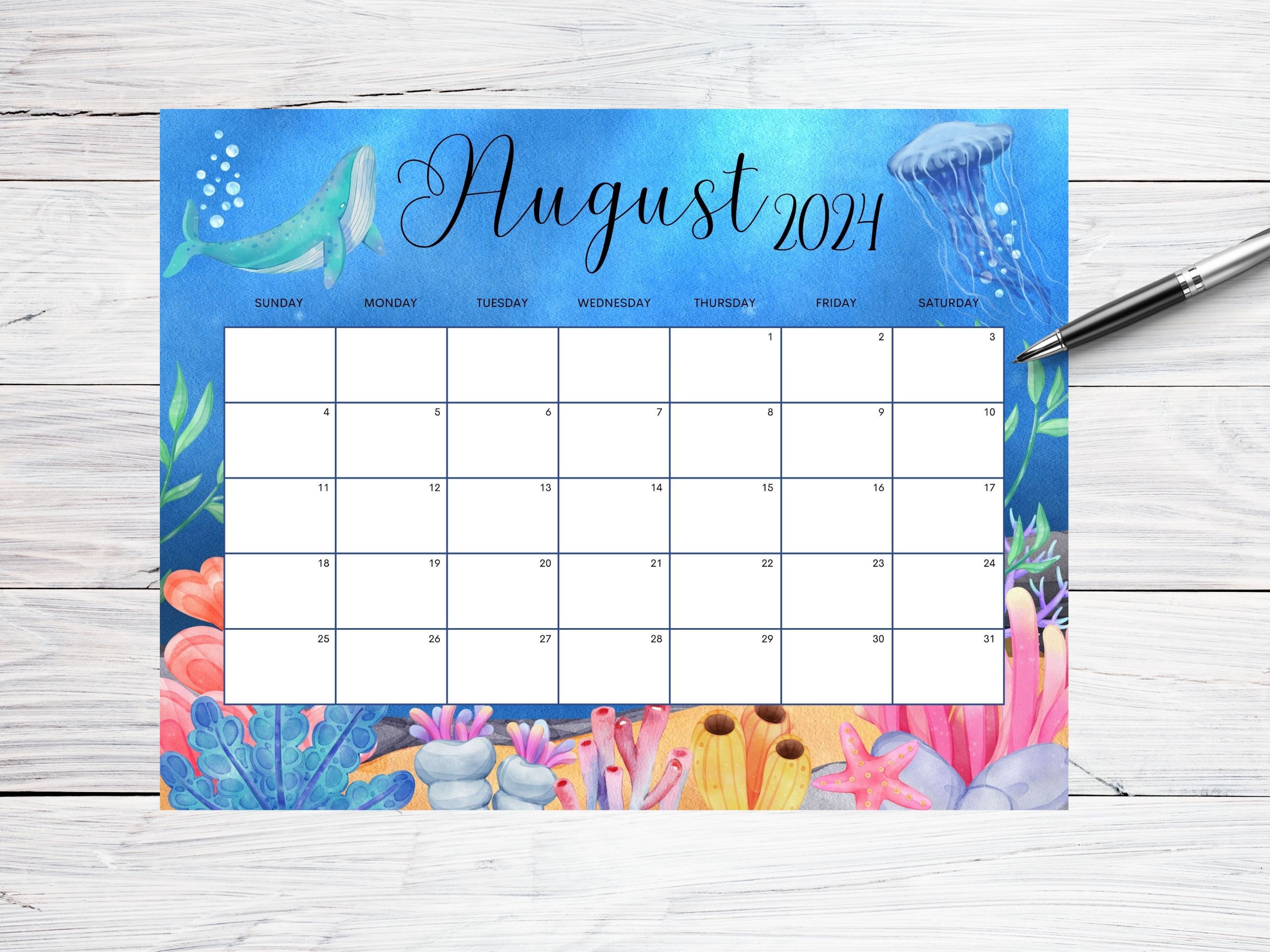 Editable August 2024 Calendar, Cute Undersea Animals, Summer Schedule ...