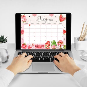 EDITABLE July 2024 Calendar, Cute Gnomes W/sweet & Colorful Watermelon ...
