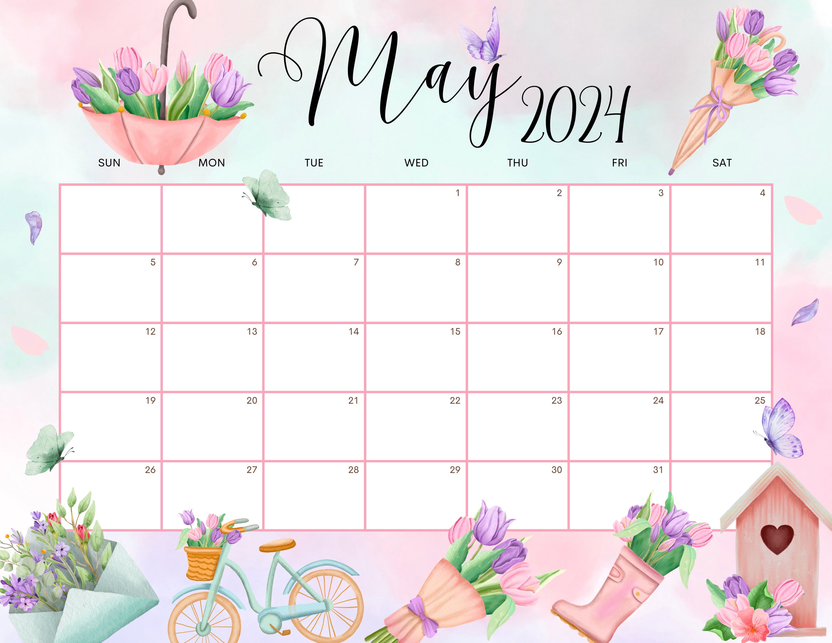 EDITABLE May 2024 Calendar, Watercolor Garden Spring Vibe, Mother's Day ...