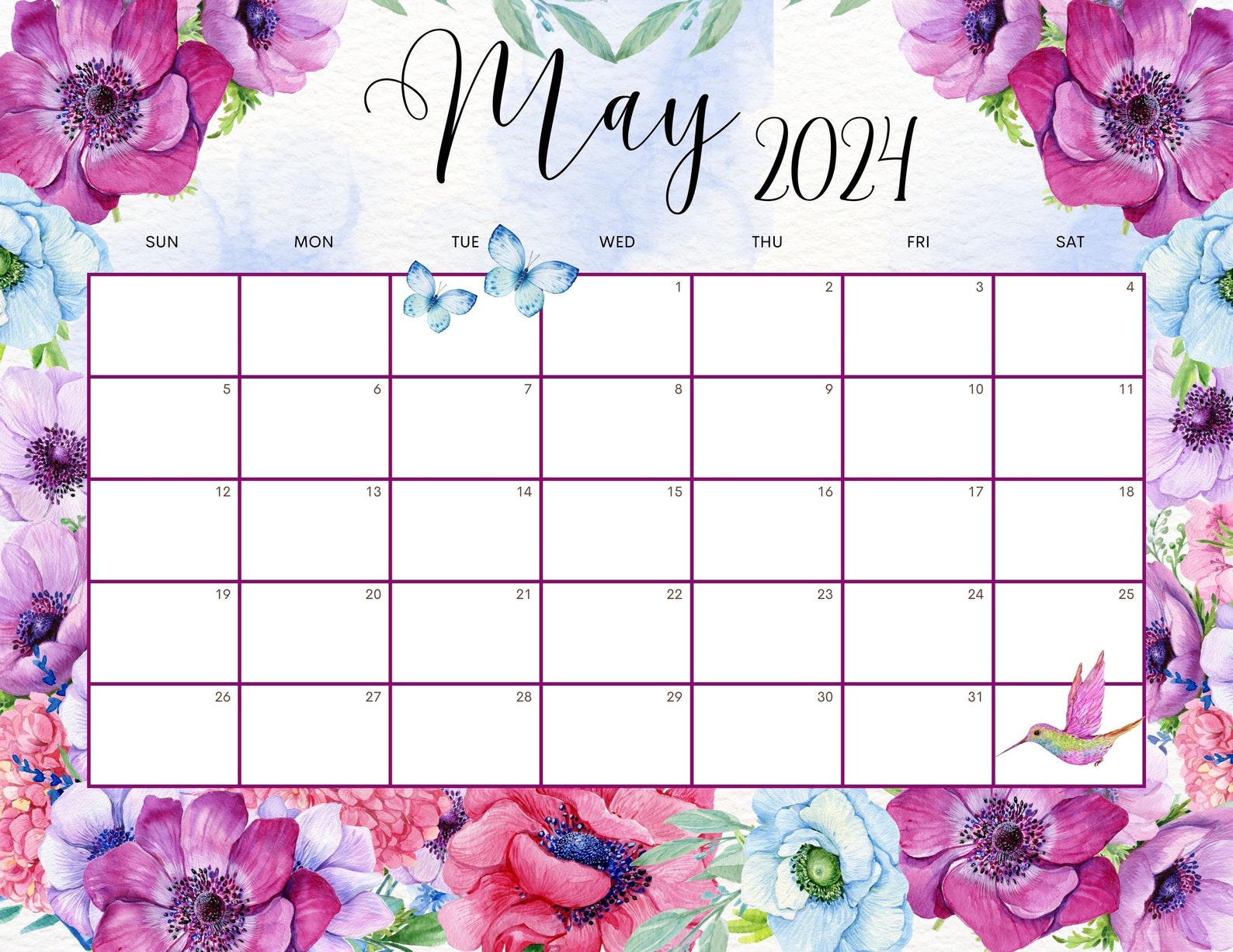 EDITABLE May 2024 Calendar, Beautiful Spring Wall Calendar, 2024 ...