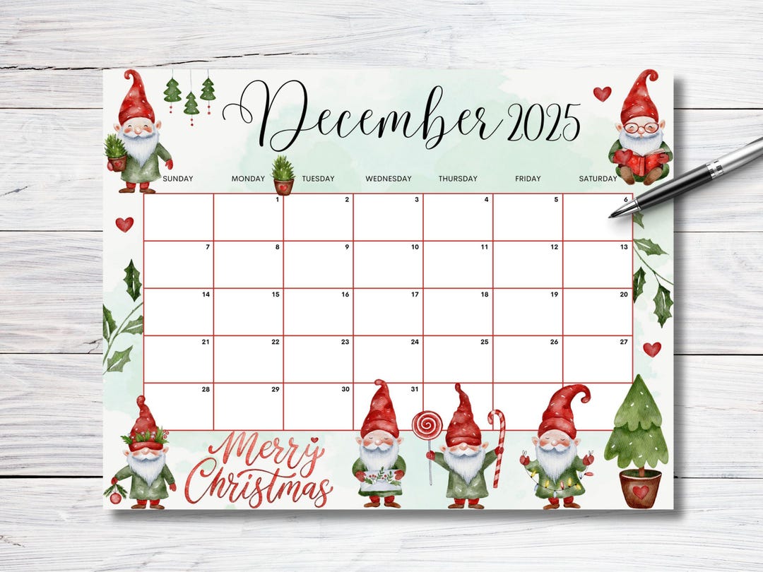 EDITABLE December 2025 Calendar, Colorful Christmas With Cute Gnome ...