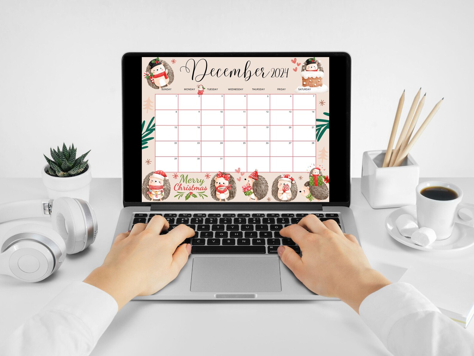 EDITABLE December 2024 Calendar, Colorful Christmas With Cute Hedgehogs ...