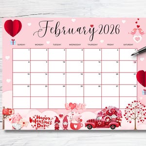 EDITABLE February 2026 Calendar, Sweet Valentine 2026 With Cute Gnomes ...