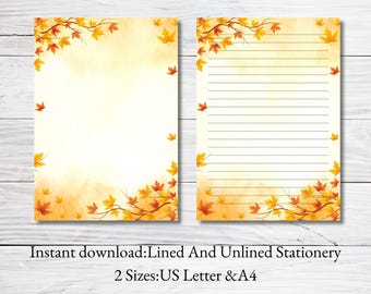 Autumn Trees Scene Printable Stationery Fall Leaves Letter Paper A4 and ...