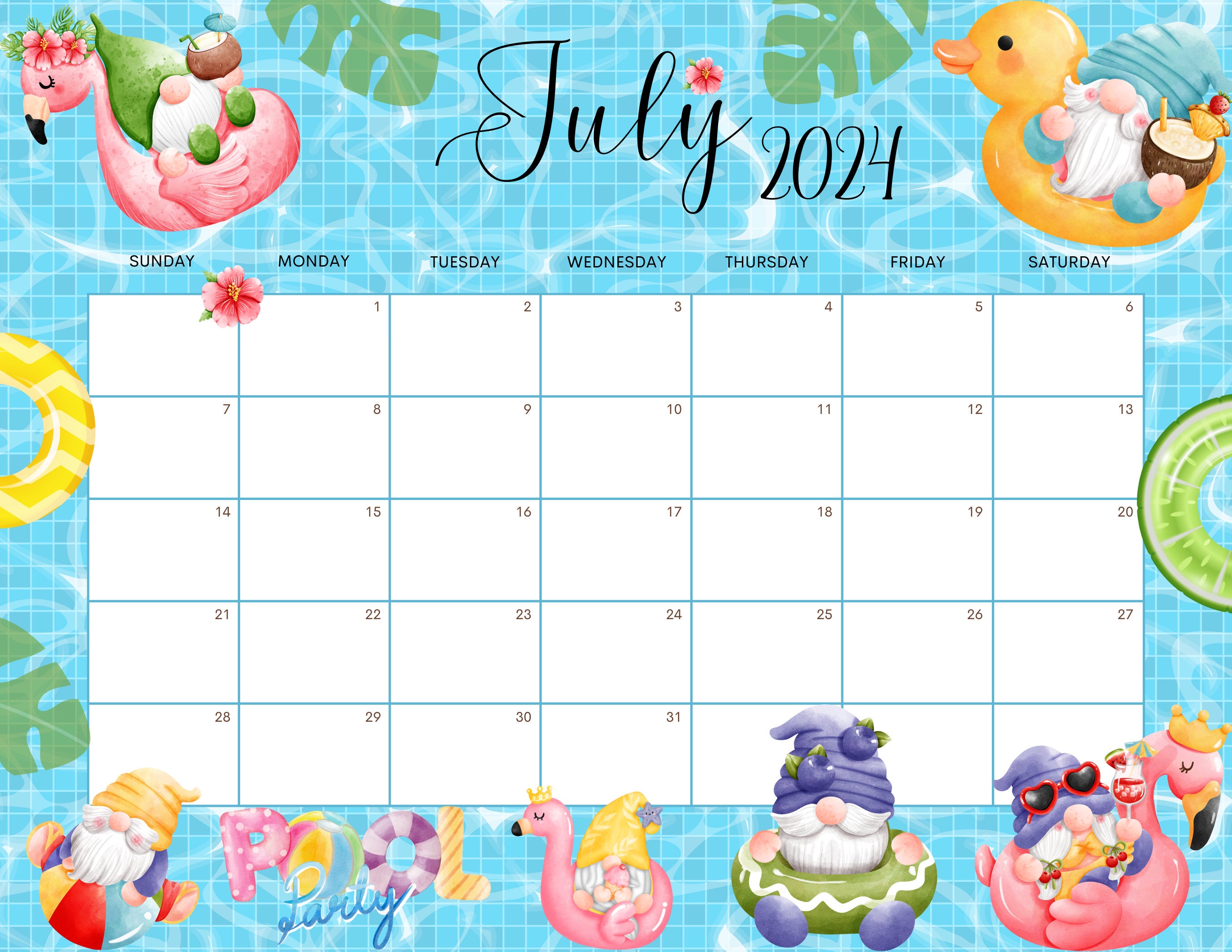 PRINTABLE July 2024 Summer Calendar, Editable July Calendar, Fillable ...