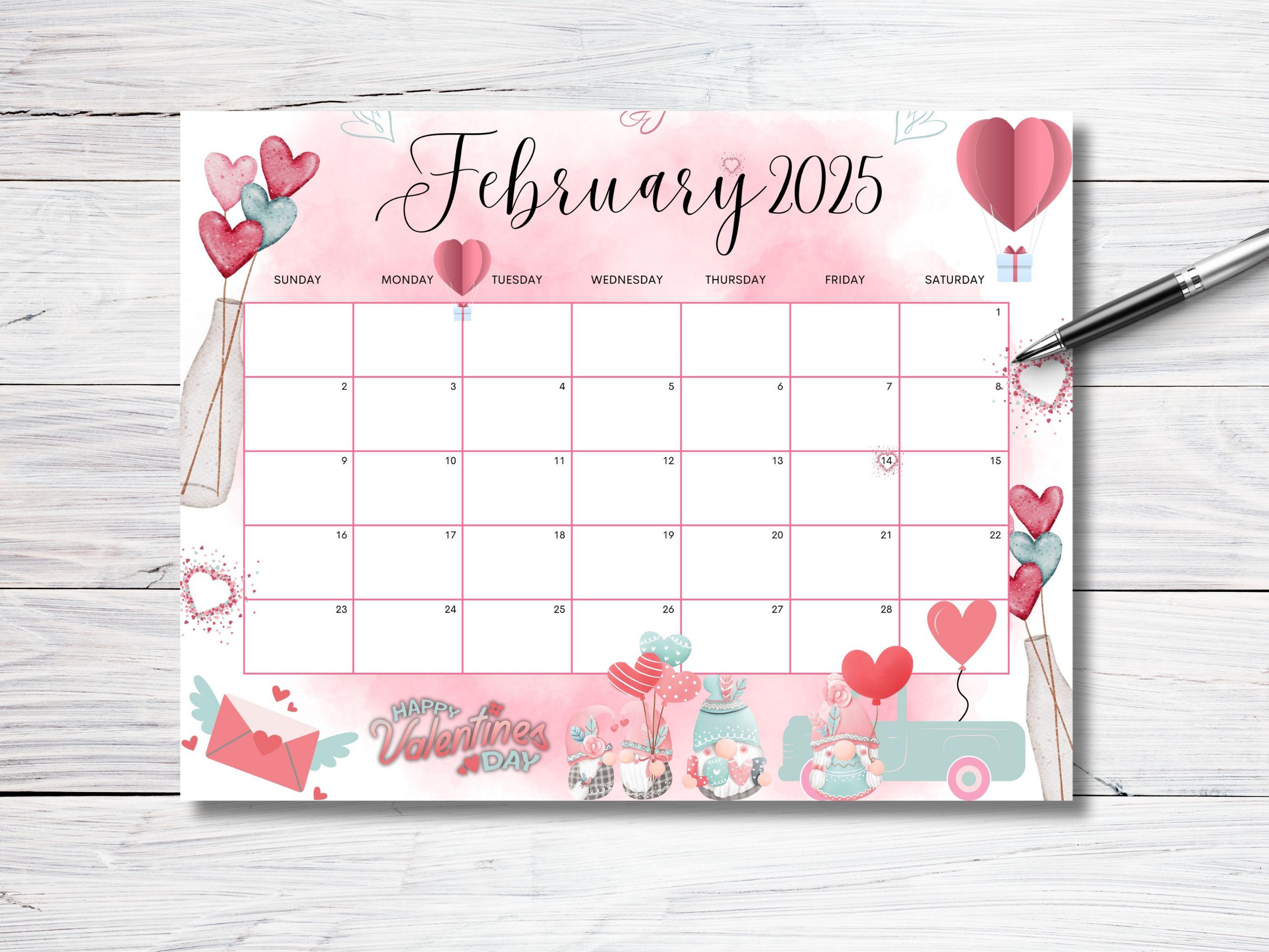 EDITABLE February 2025 Calendar, Sweet Valentine 2025 With Cute Gnomes ...