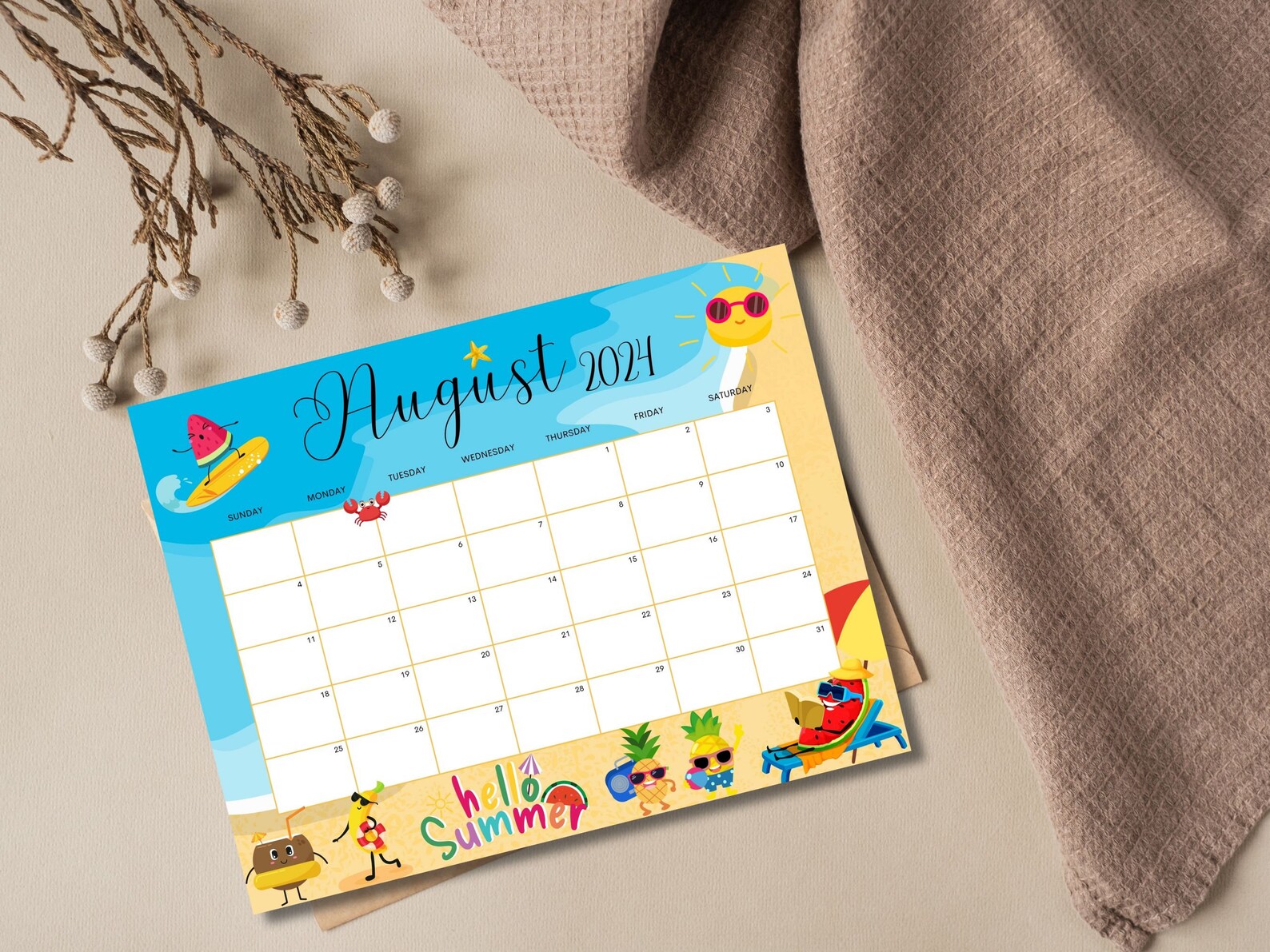 EDITABLE August 2024 Calendar, Relaxing Summer at the Beach With Summer ...