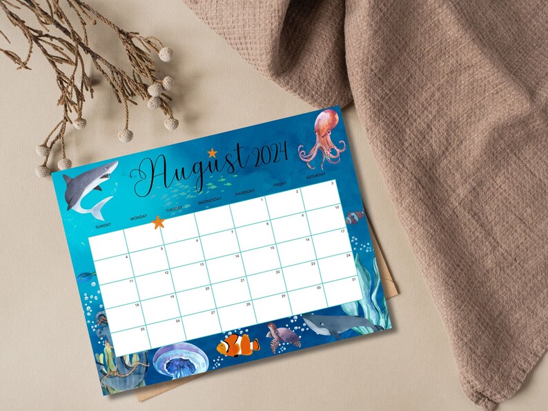 Editable August 2024 Calendar, Cute Undersea Animals, Summer Schedule ...