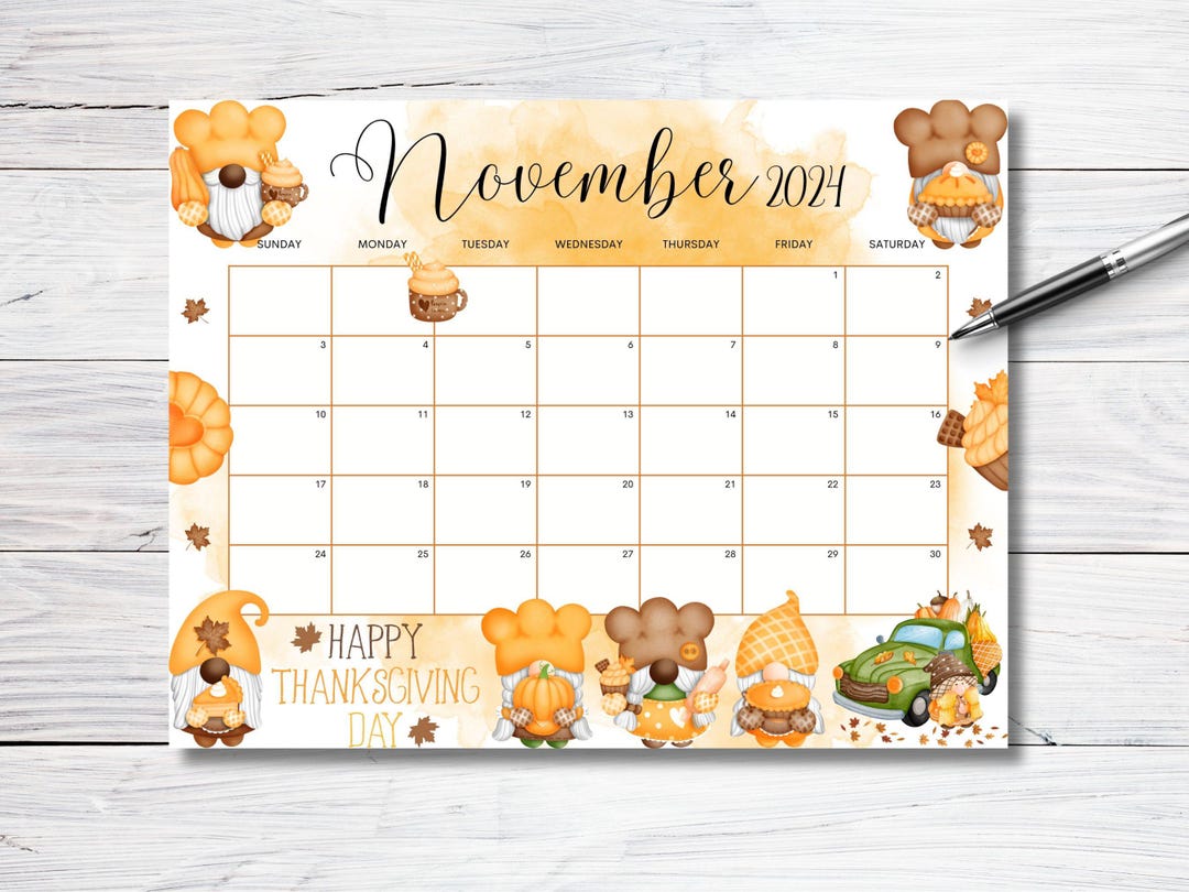 Calendario de noviembre de 2024 editable, feliz día de acción de ...