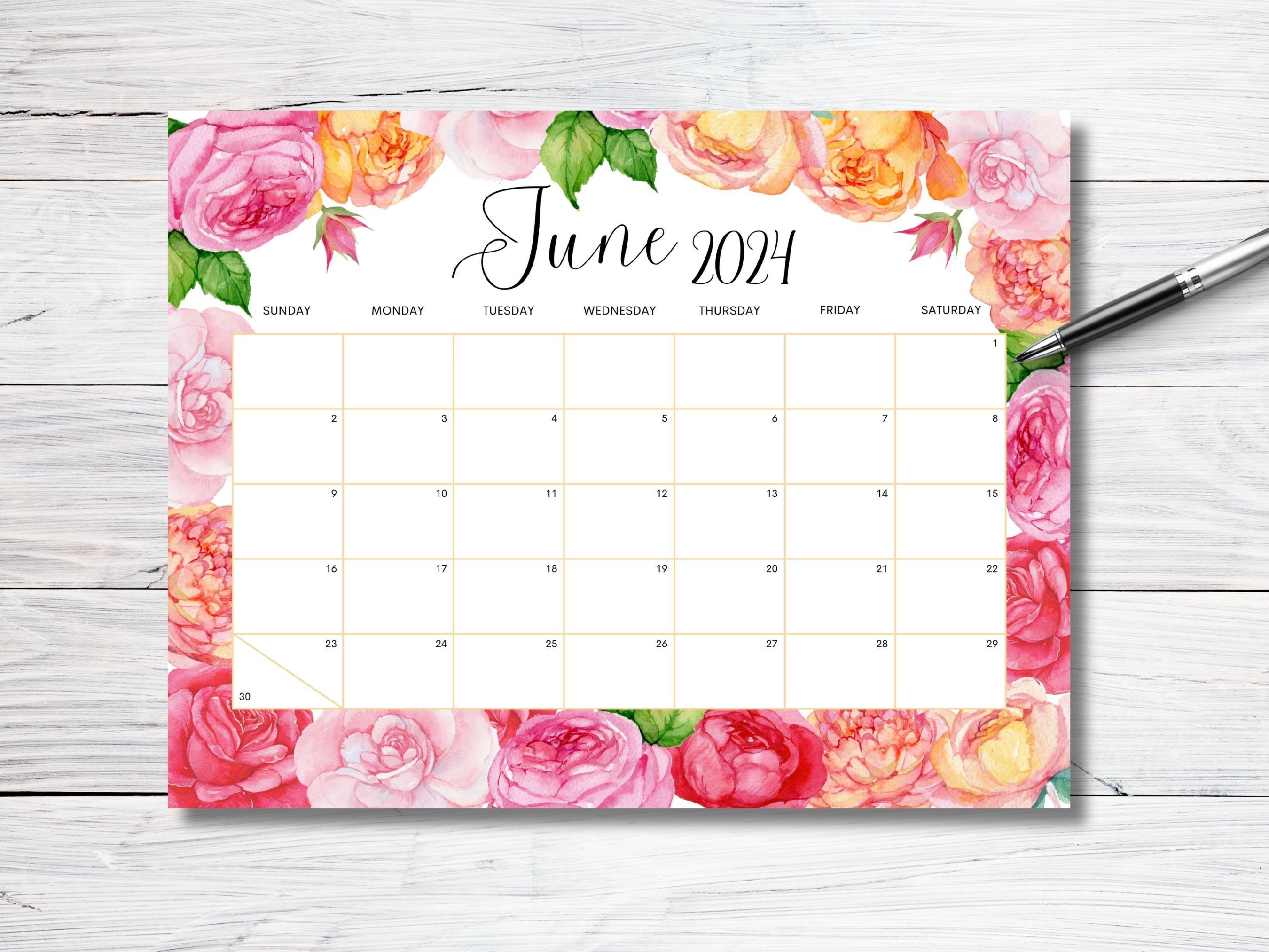 EDITABLE June 2024 Calendar, Beautiful Spring Wall Calendar, 2024 ...
